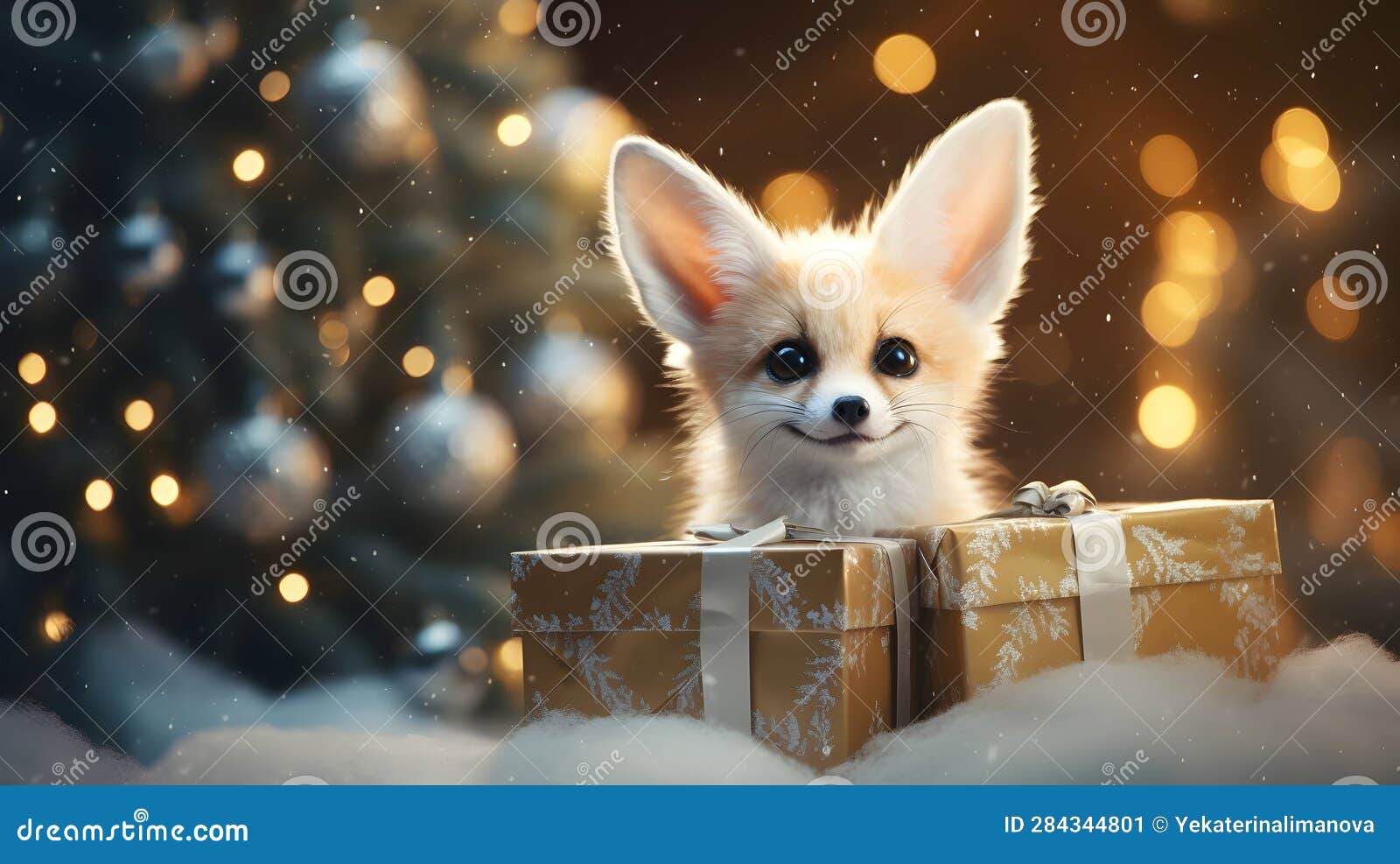 Super Cute Fennec Fox with Christmas Gift Box. Stock Image - Image of ...