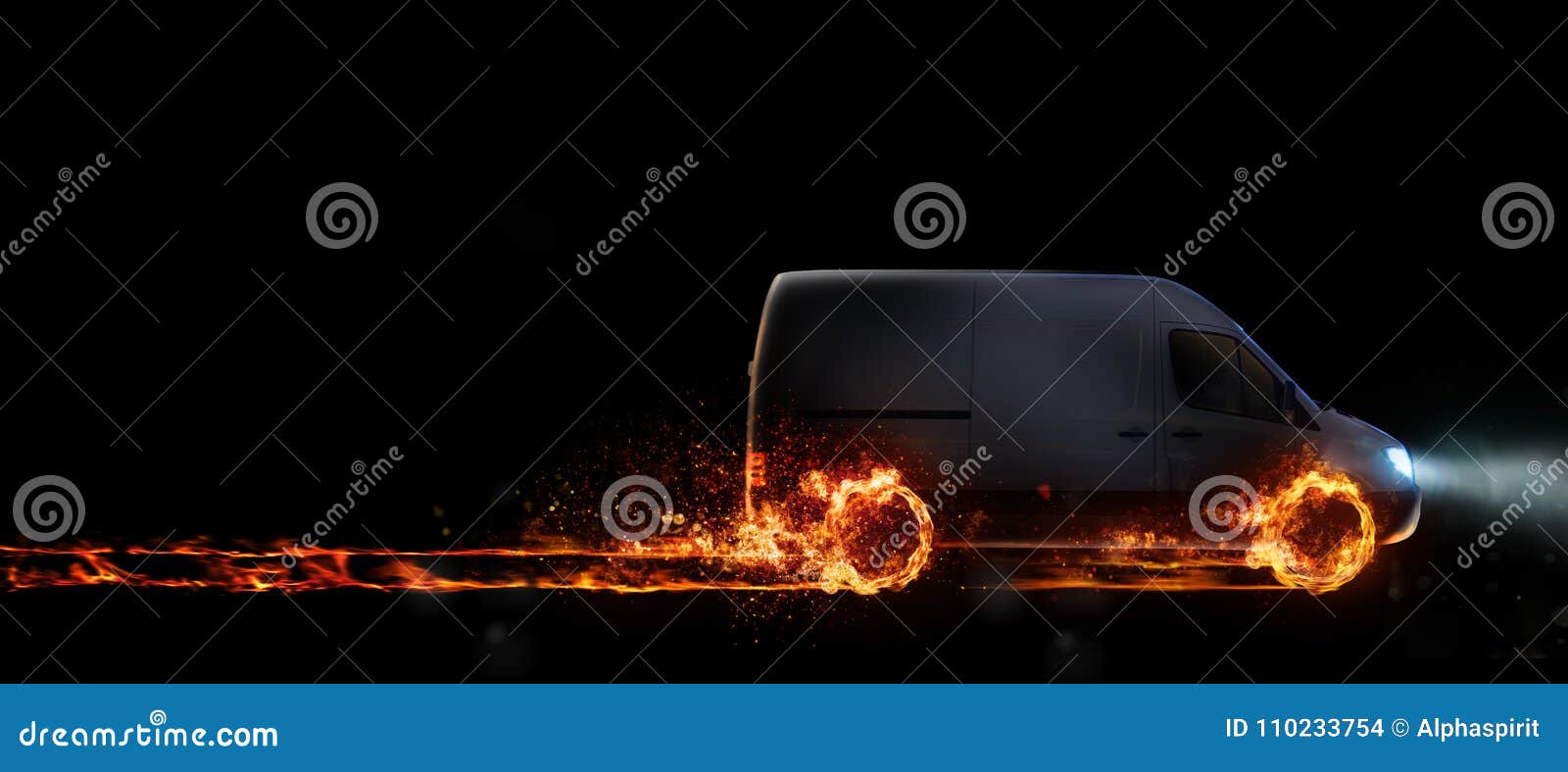 Super Fast Delivery of Package Service with Van with Wheels on Fire. 3D ...