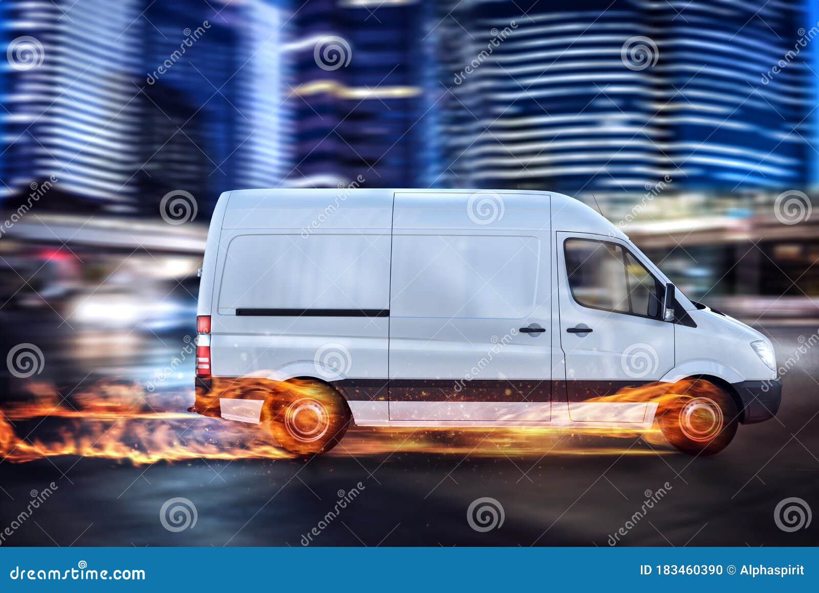 Super Fast Delivery of Package Service with Van with Wheels on Fire ...