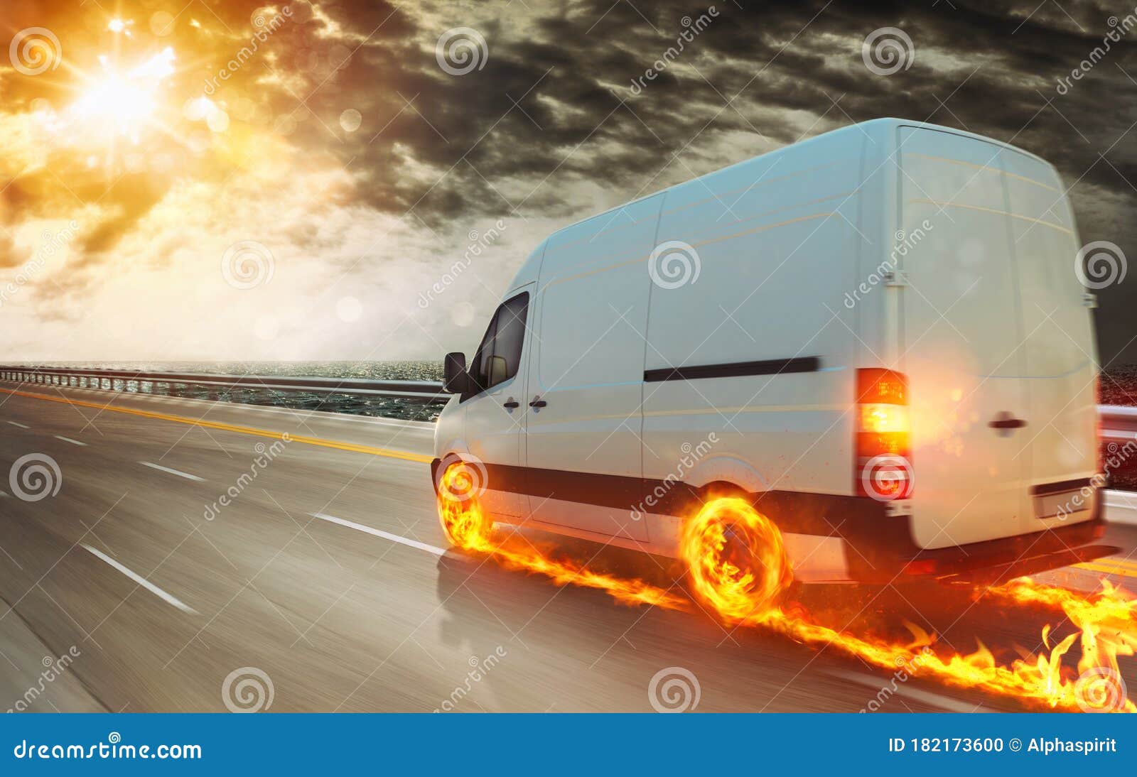 Super Fast Transportation Service with a White Van with Wheels on Fire ...