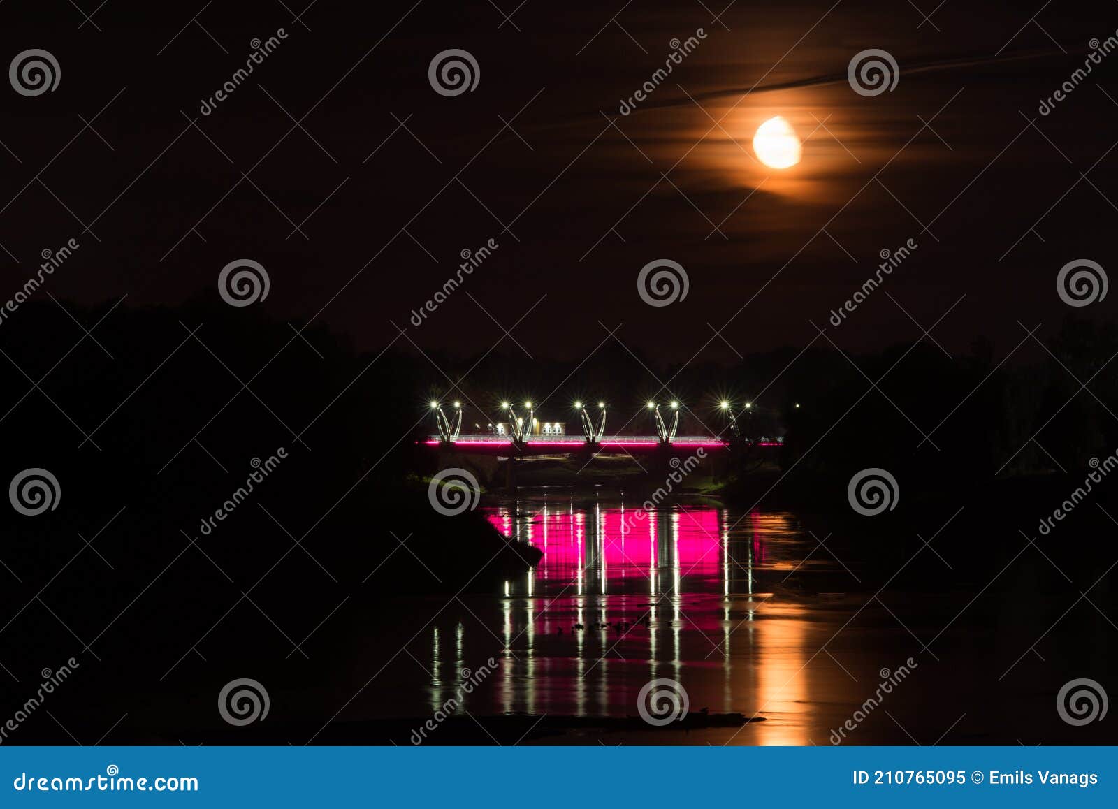 Super Full Moon in the Yellow Dark Sky with a Reflection in the River ...