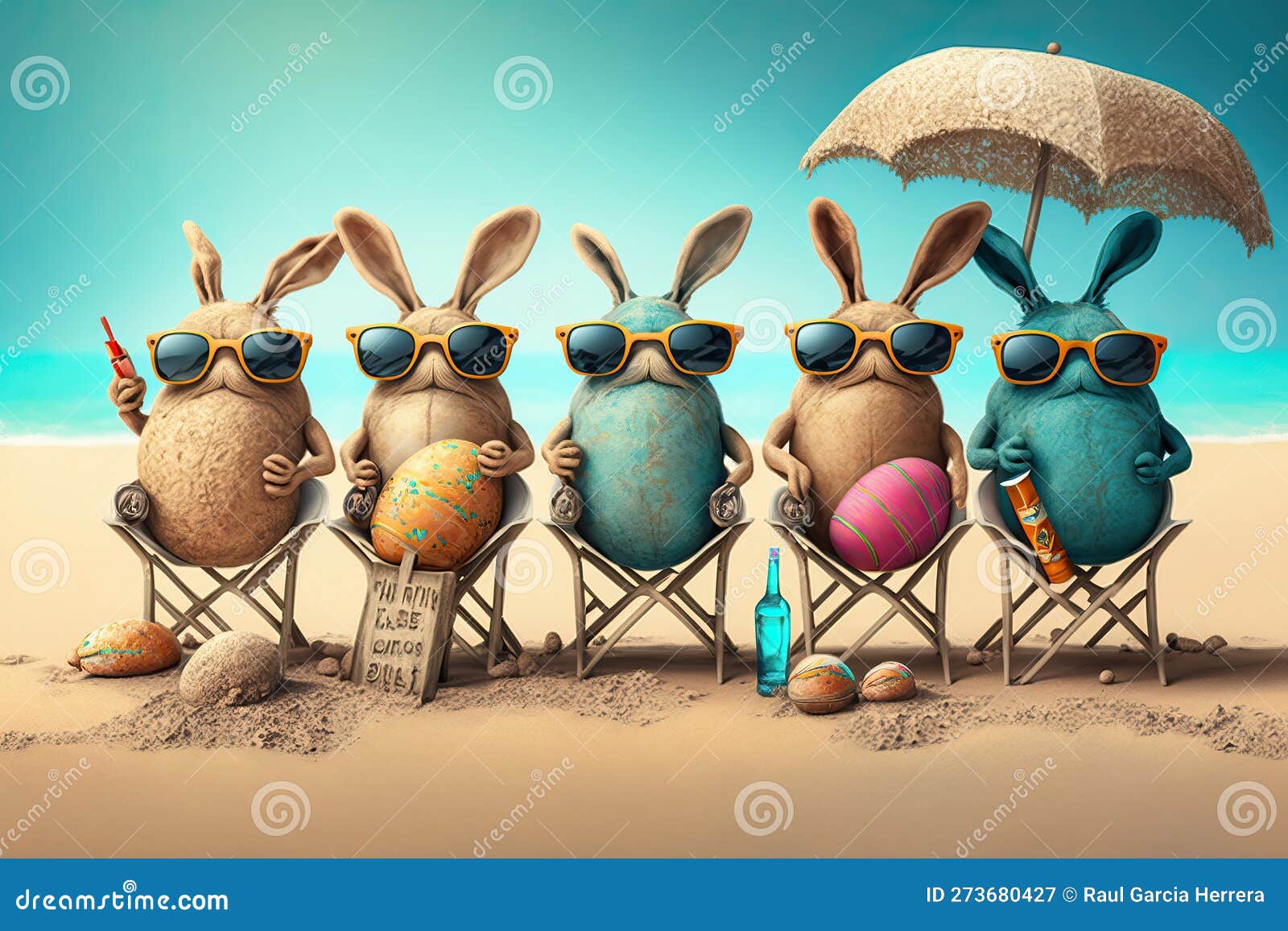 Super Funny Easter Bunnies Cartoon In Sunglasses With Easter Eggs