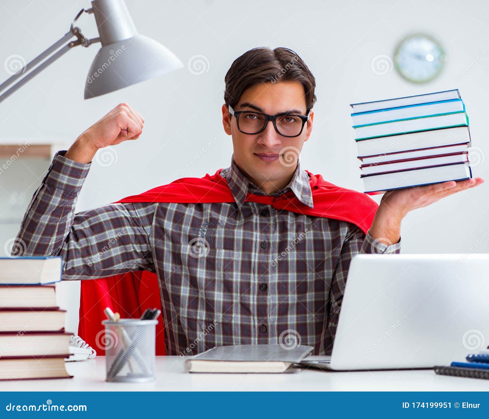 Super Hero Student with Books Studying for Exams Stock Image - Image of ...