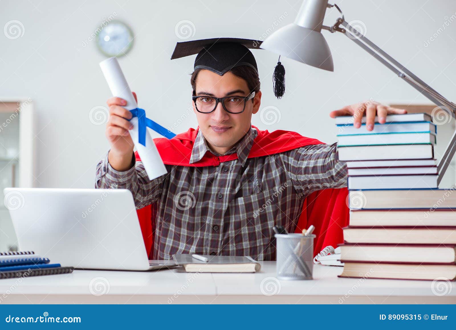 The Super Hero Student with Books Studying for Exams Stock Image ...
