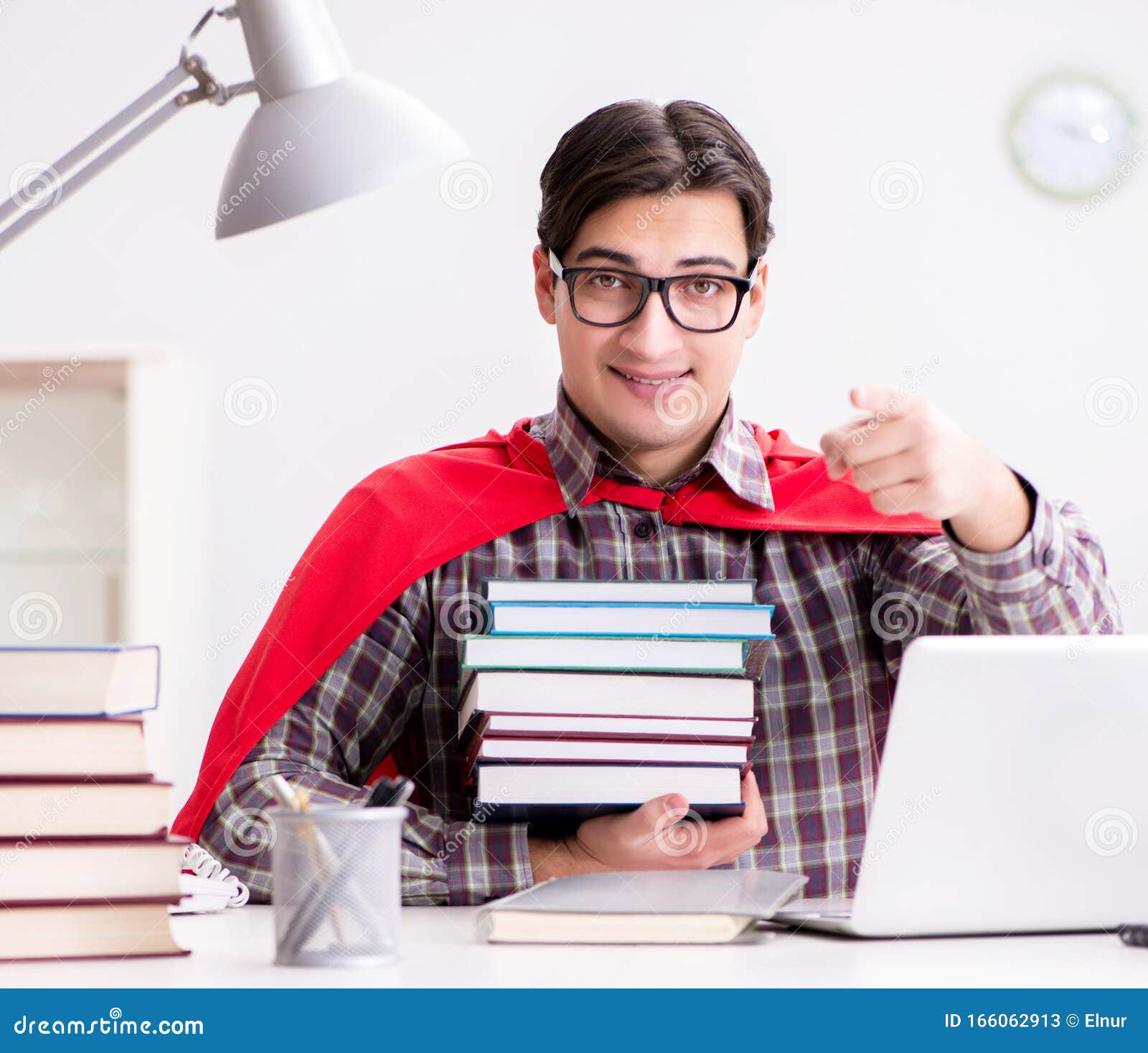 Super Hero Student with a Laptop Studying Preparing for Exams Stock ...
