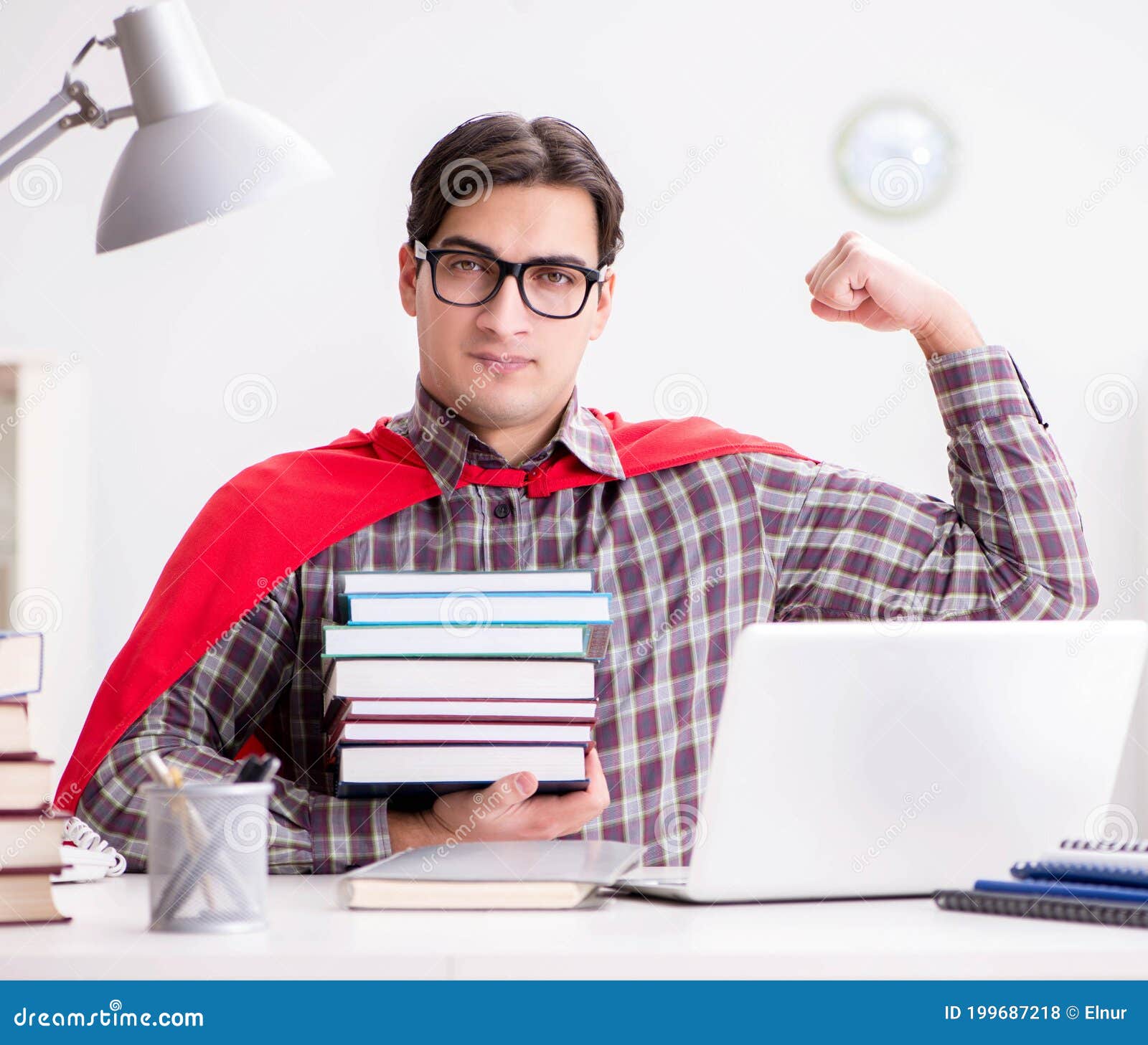 Super Hero Student with a Laptop Studying Preparing for Exams Stock ...