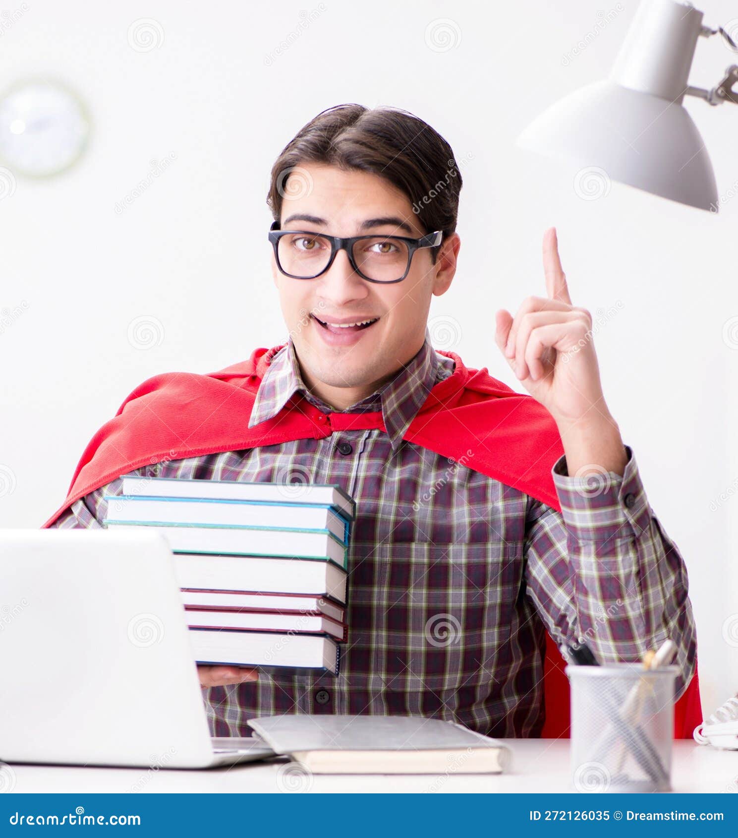 Super Hero Student with a Laptop Studying Preparing for Exams Stock ...