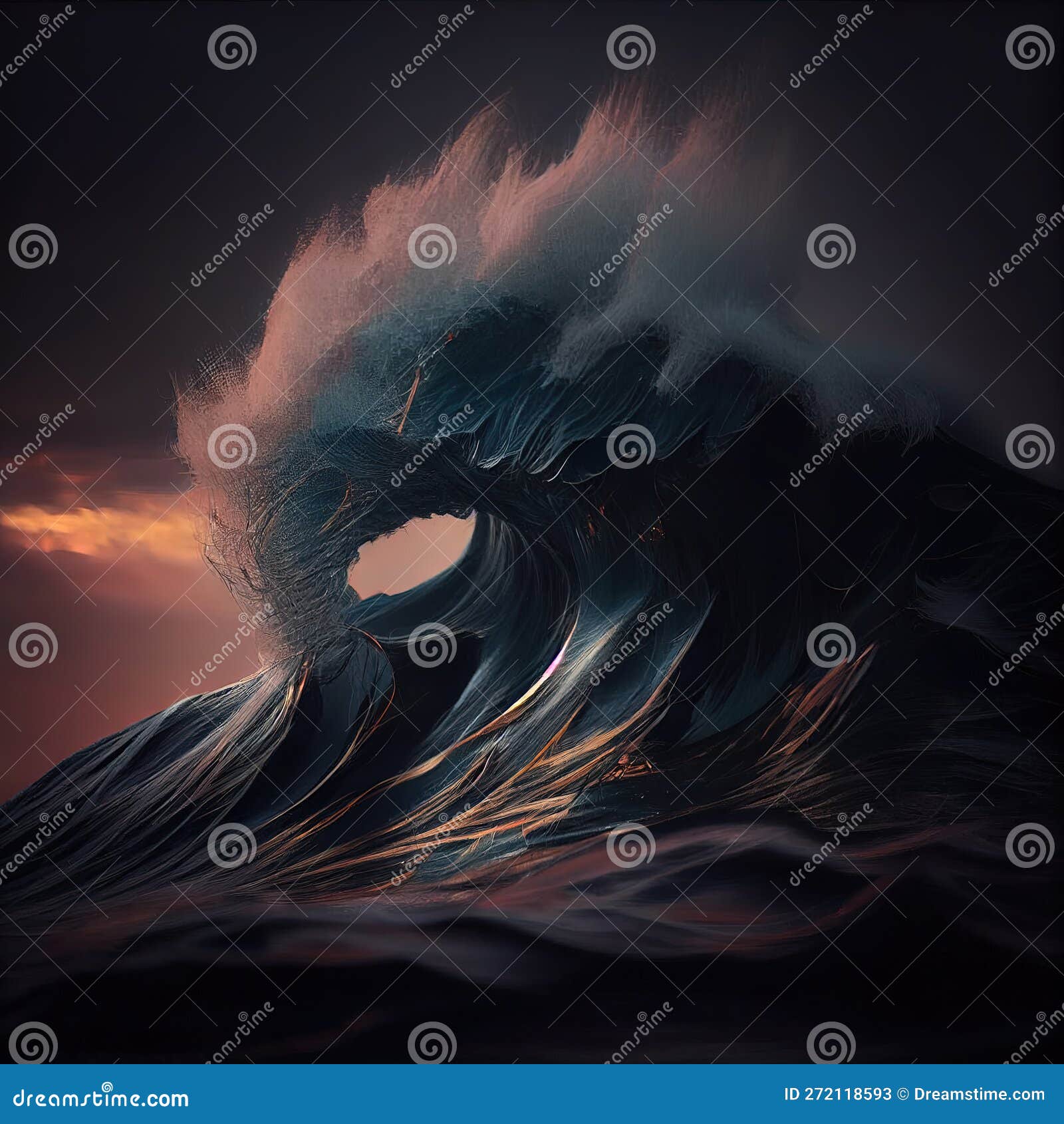 Super High Wave in the Gloomy Light of Sunset. AI Generated. Stock ...