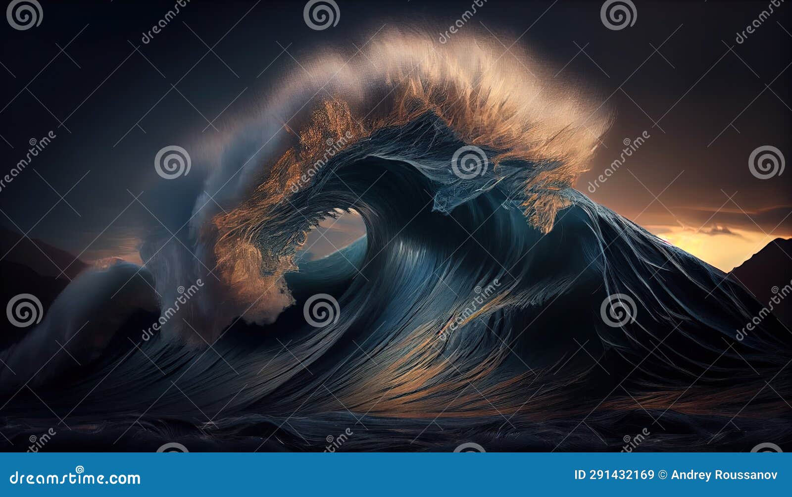 Super High Wave in the Gloomy Light of Sunset. AI Generated. Stock ...