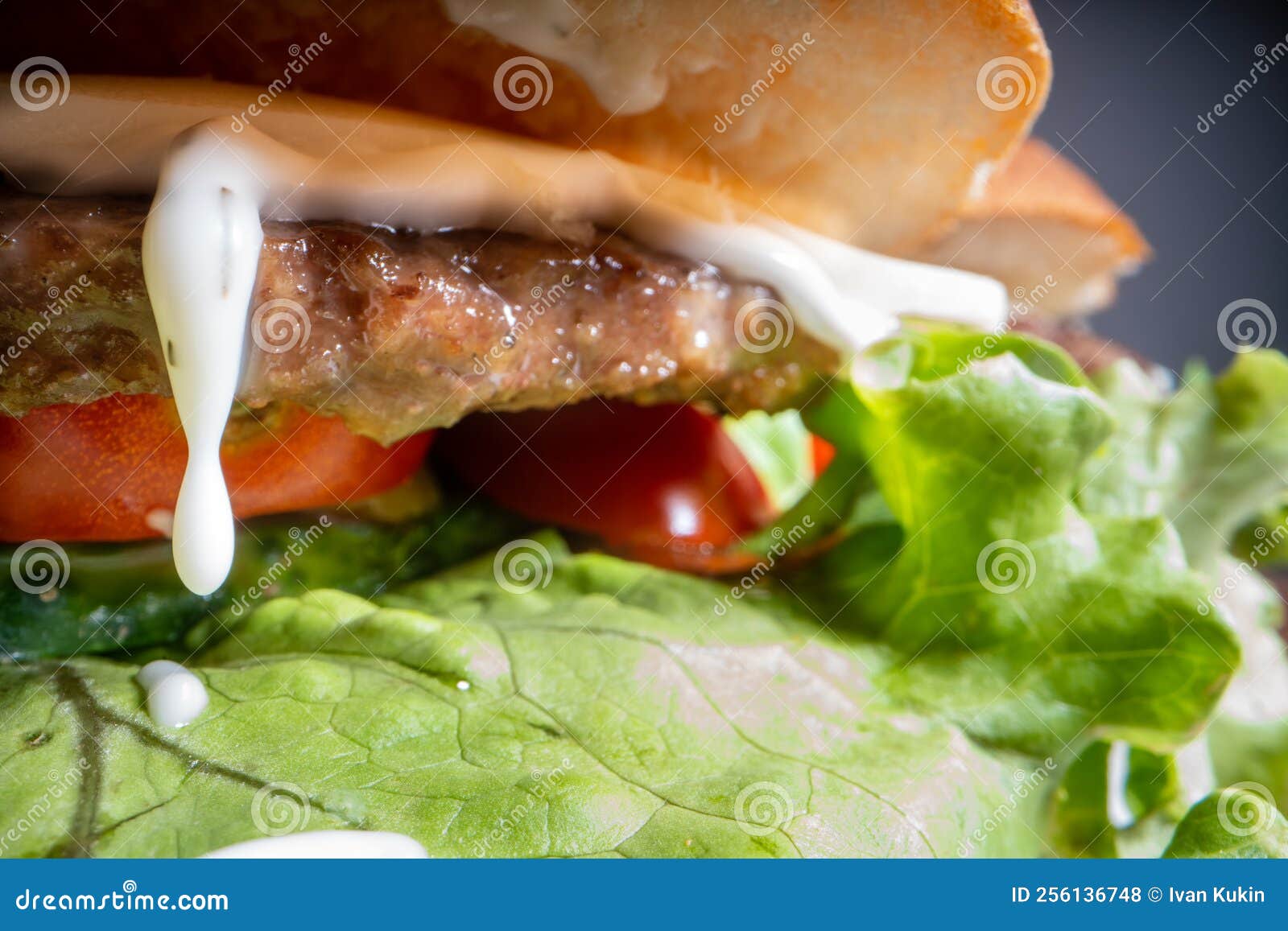 Super Macro Beef Burger, a Drop of White Sauce Dripping from the Cutlet ...