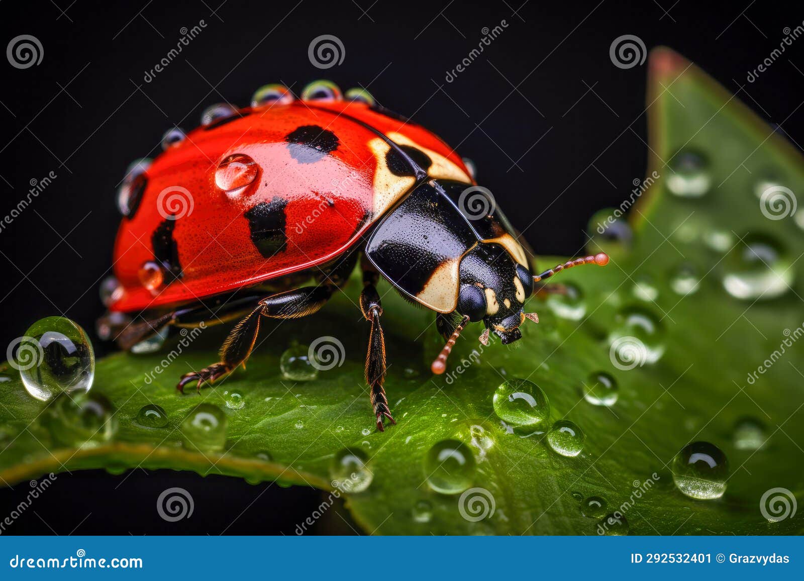 Super Macro of a Ladybug on a Green Leaf with a Morning Dew Stock ...