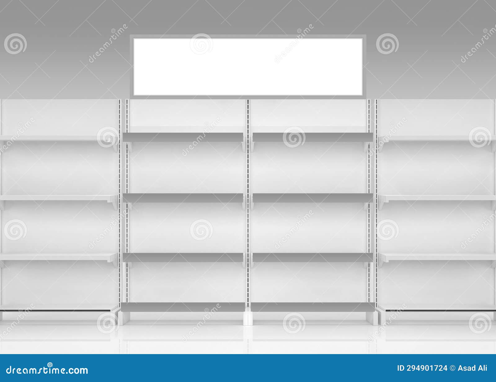 Super Market Display Shelf Gondola with Header Isolated 3d Illustration ...