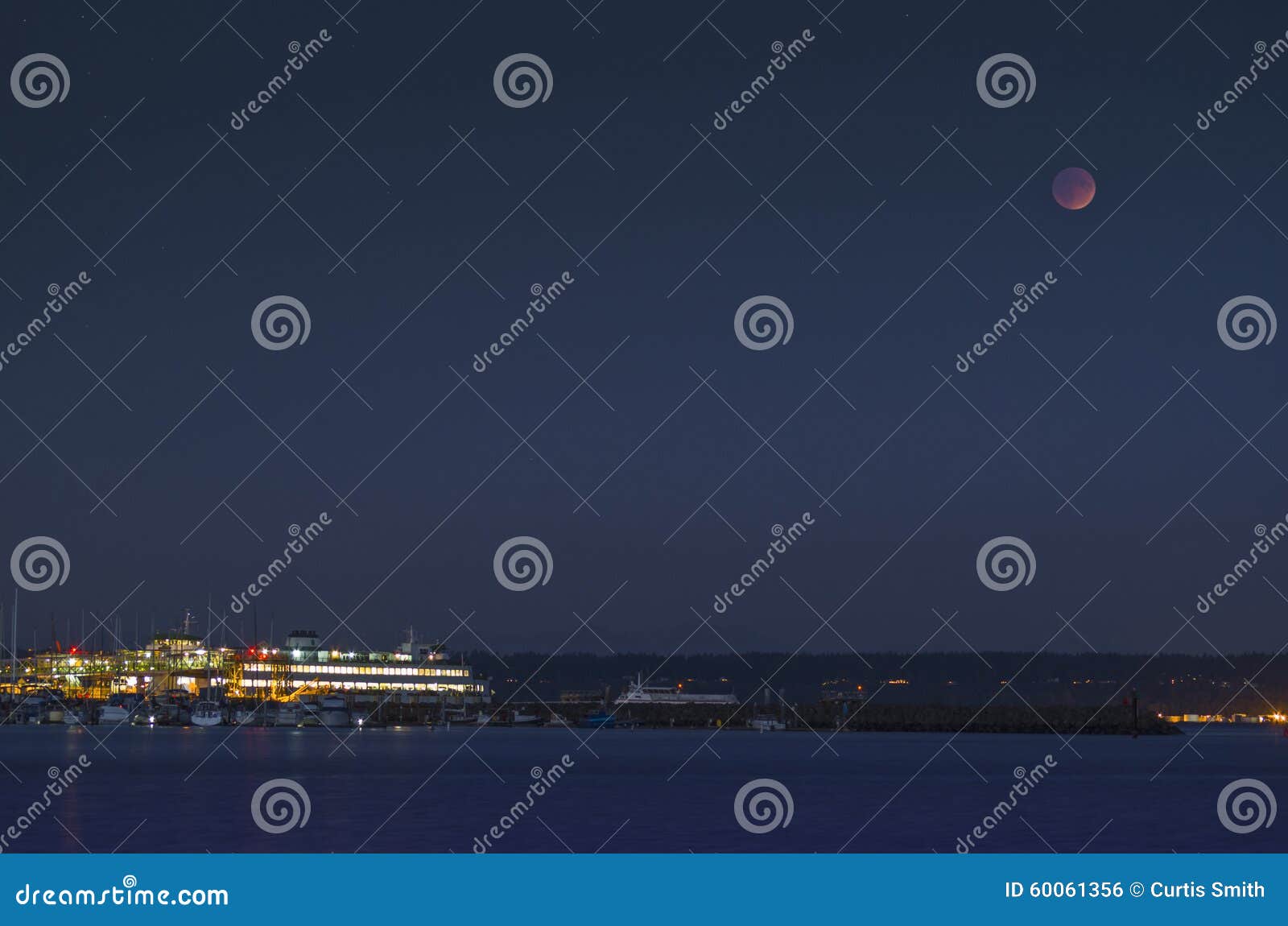 Super Moon Lunar Eclipse and Ferry Dock at Night Stock Photo - Image of ...
