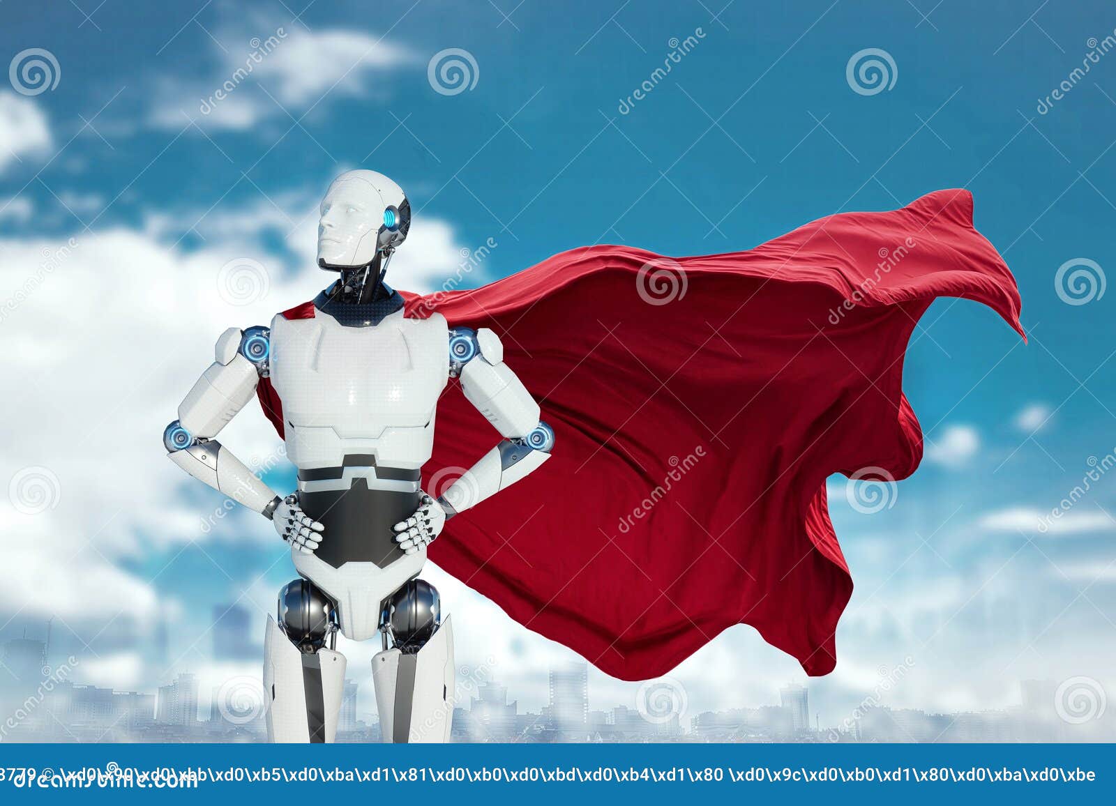 Super Robot Assistant Stands in a Heroic Pose with a Red Cape Behind ...