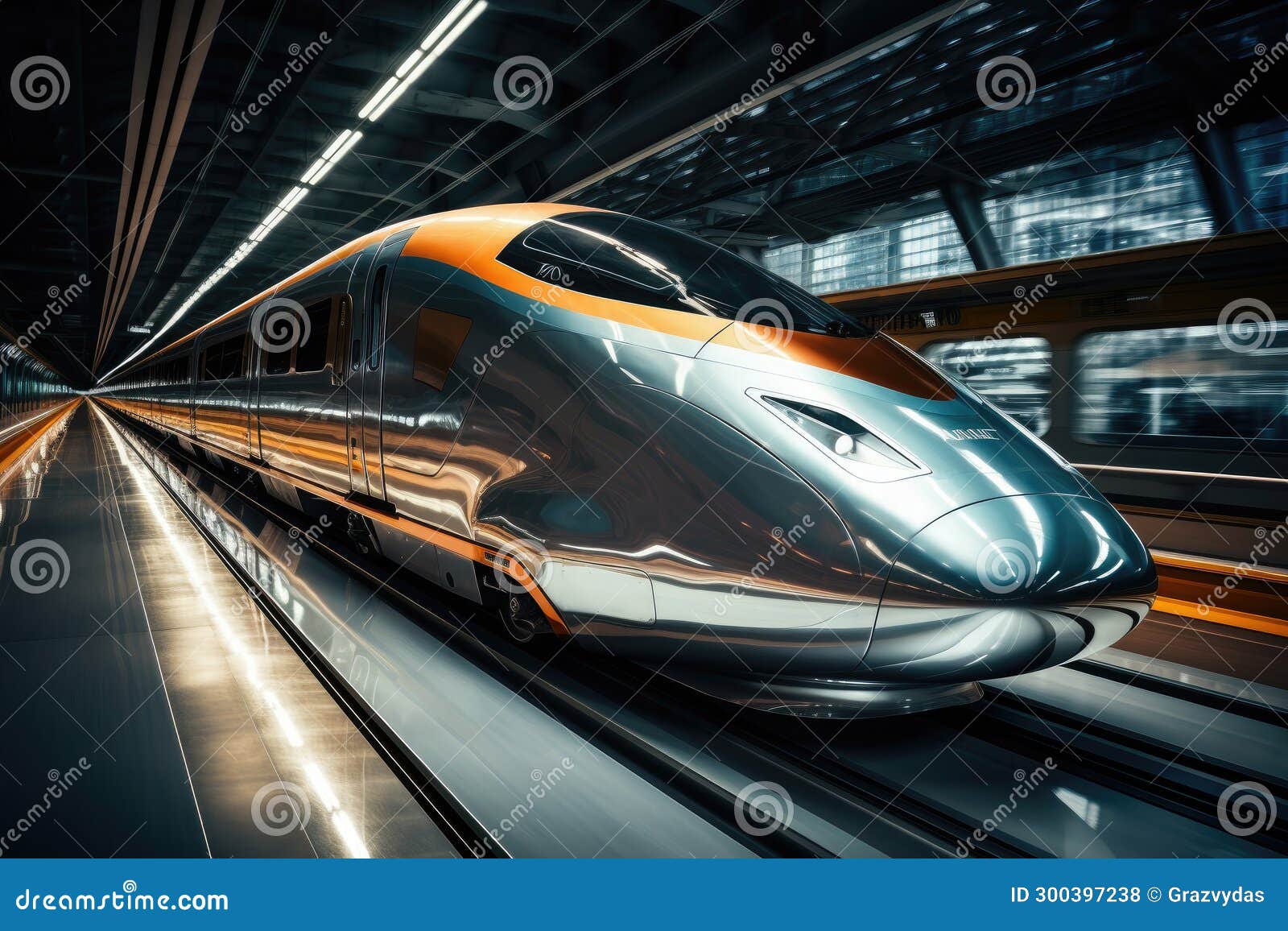 Super Streamlined Train with Motion Blur Moves in Tunnel Stock ...