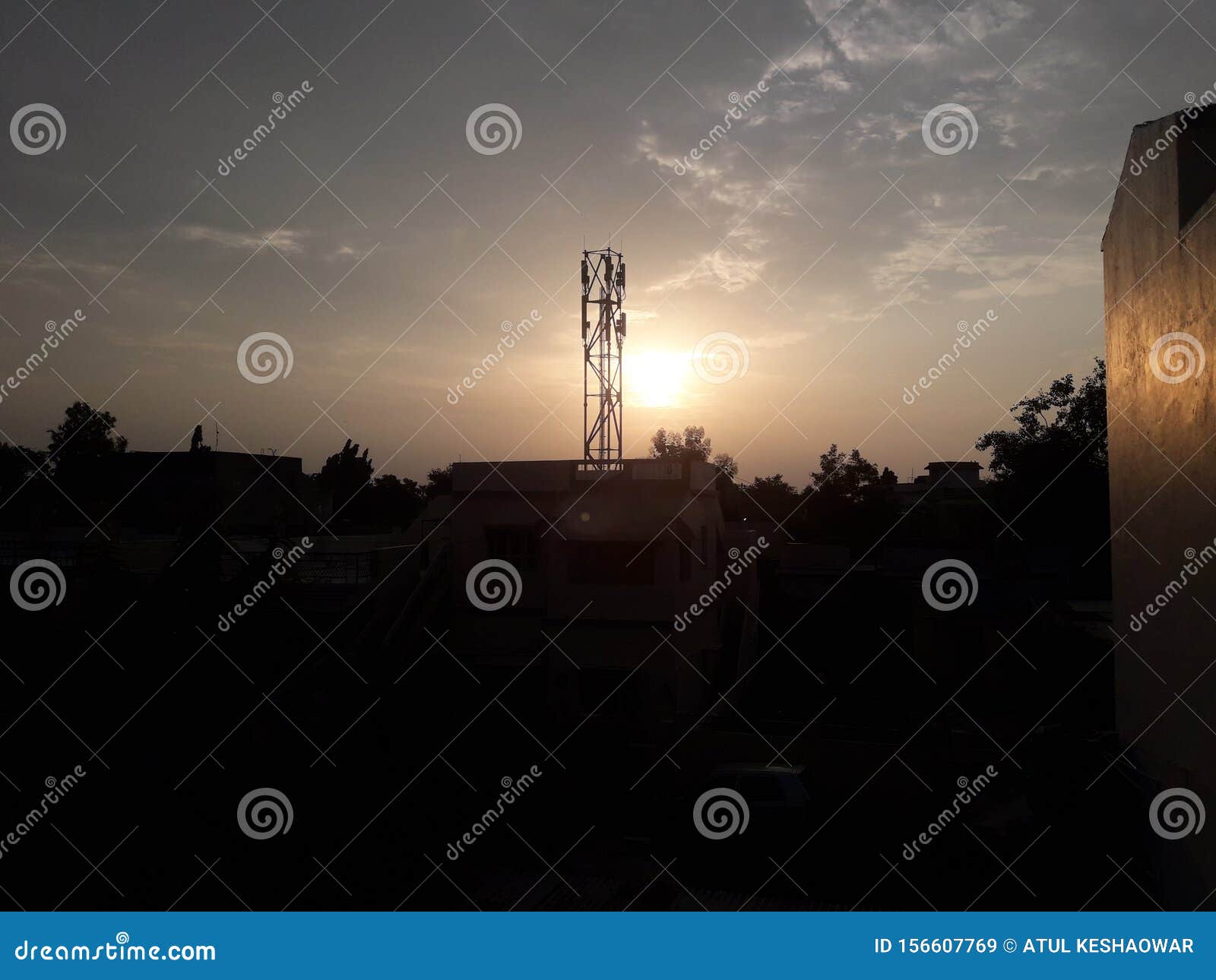 Super Sunrise with Mobile Tower Stock Image - Image of landscape ...