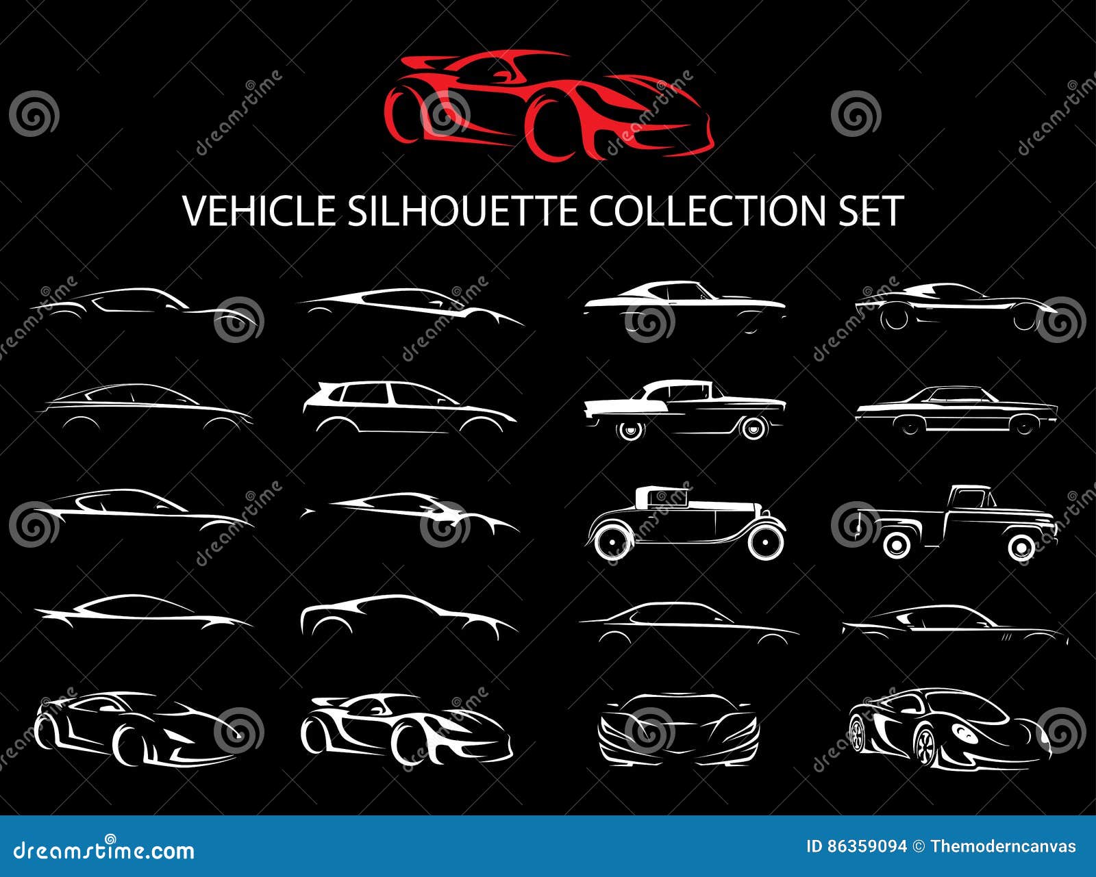 Supercar And Regular Car Vehicle Silhouette Collection Set Stock