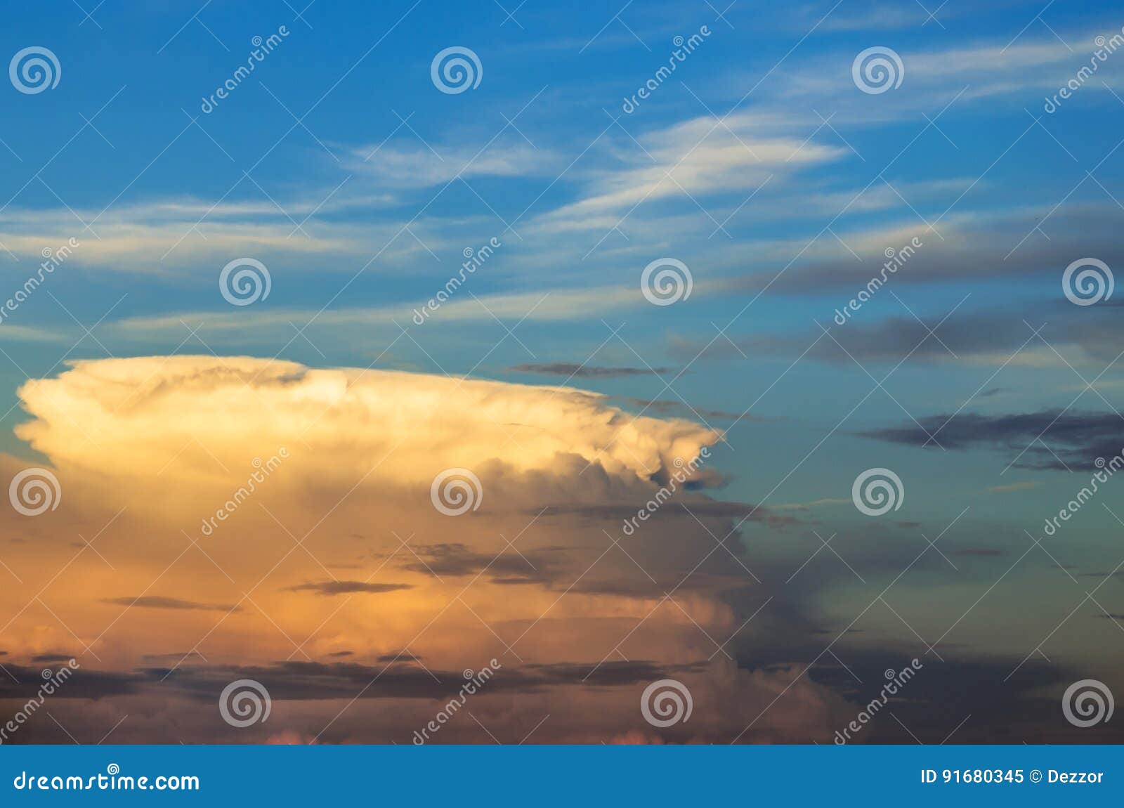Supercell Thunderstorm Sunset and the Blue Sky and Cirrus Clouds. Stock ...
