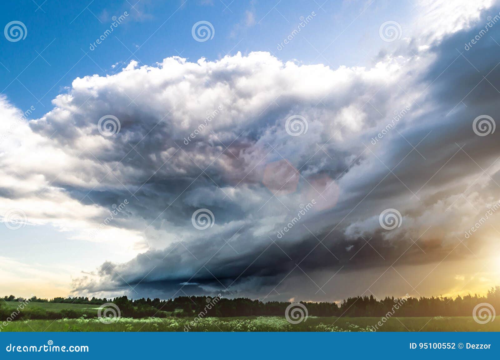 Supercell Thunderstorm Sunset and the Blue Sky and Cirrus Clouds. Stock ...
