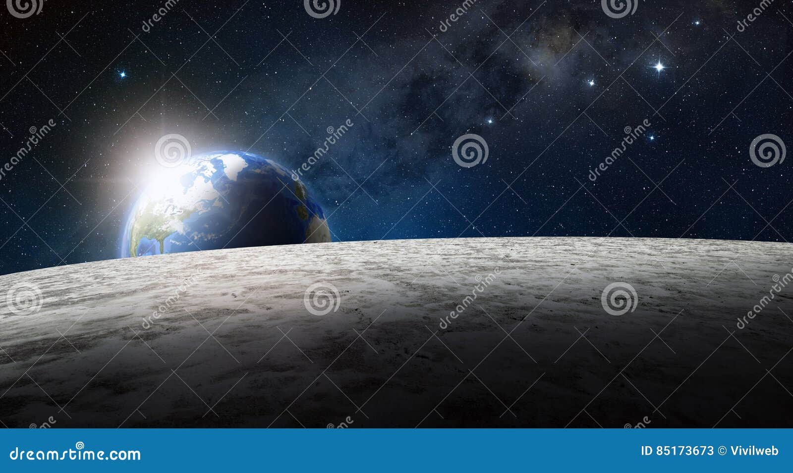 Superfície Da Lua E Terra Do Planeta No Nascer Do Sol Ilustração Stock ...