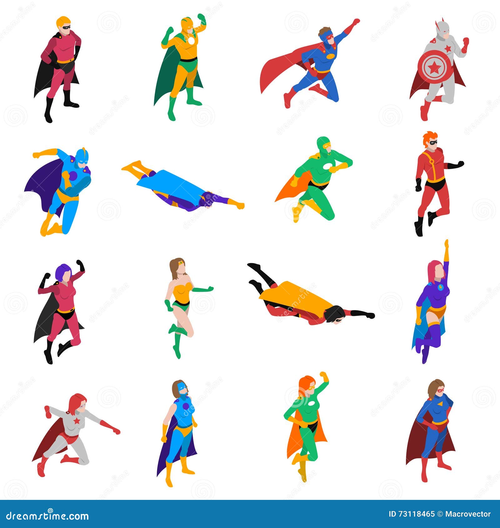 Superheld-populärer Charakter-isometrische Ikonen Eingestellt Vektor ...