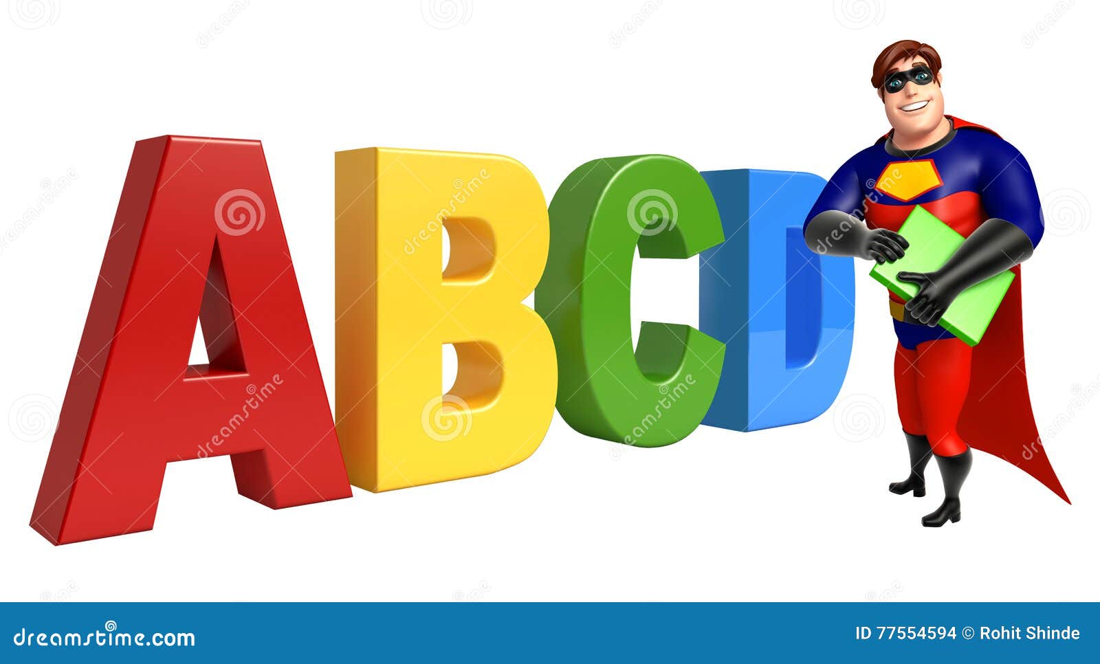 Superhero with ABCD Sign & Book Stock Illustration - Illustration of ...