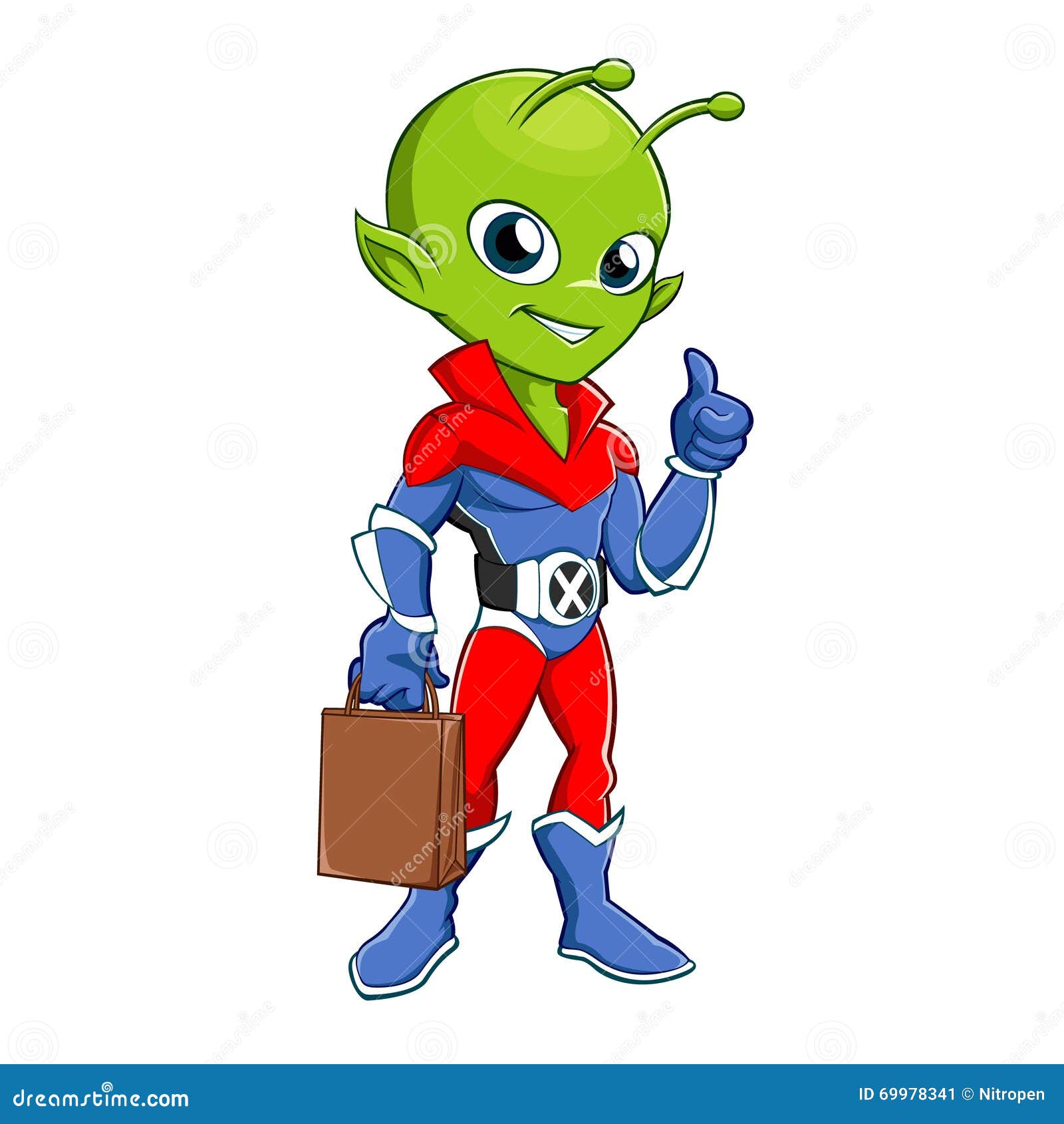 Superhero alien with bag stock vector. Illustration of character - 69978341