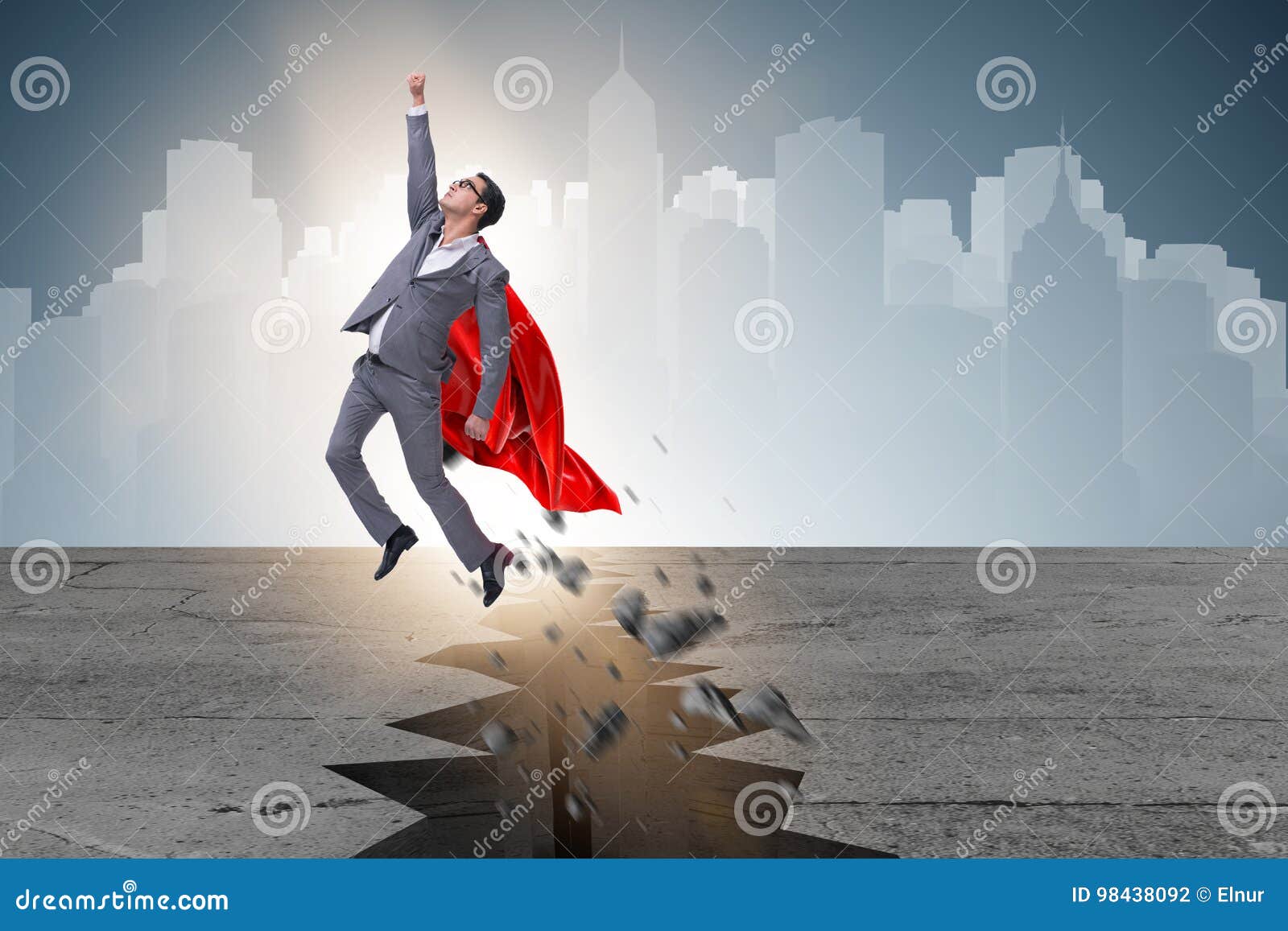 The Superhero Businessman Escaping from Difficult Situation Stock Photo ...