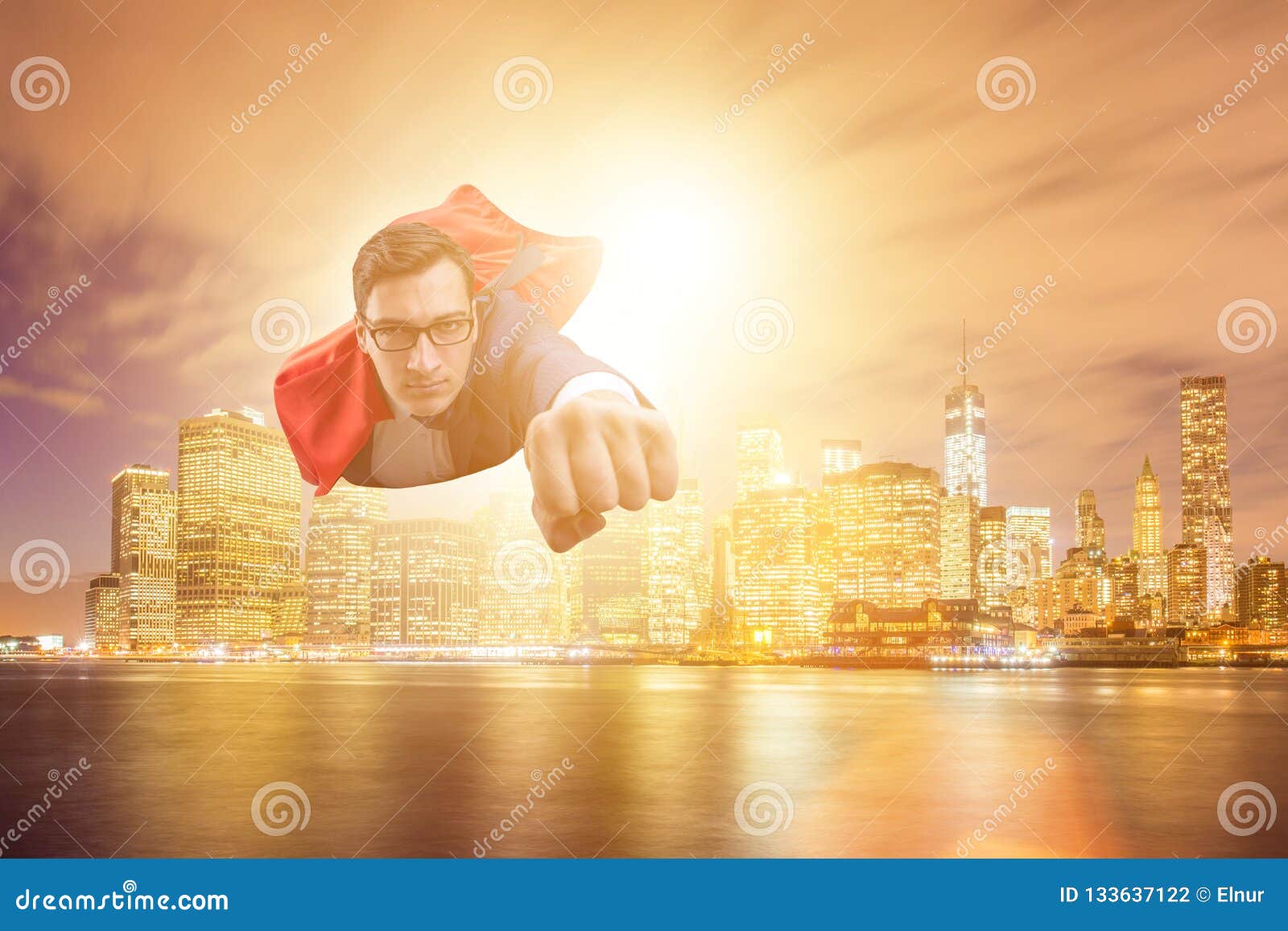 The Superhero Businessman Flying Over the City Stock Photo - Image of ...