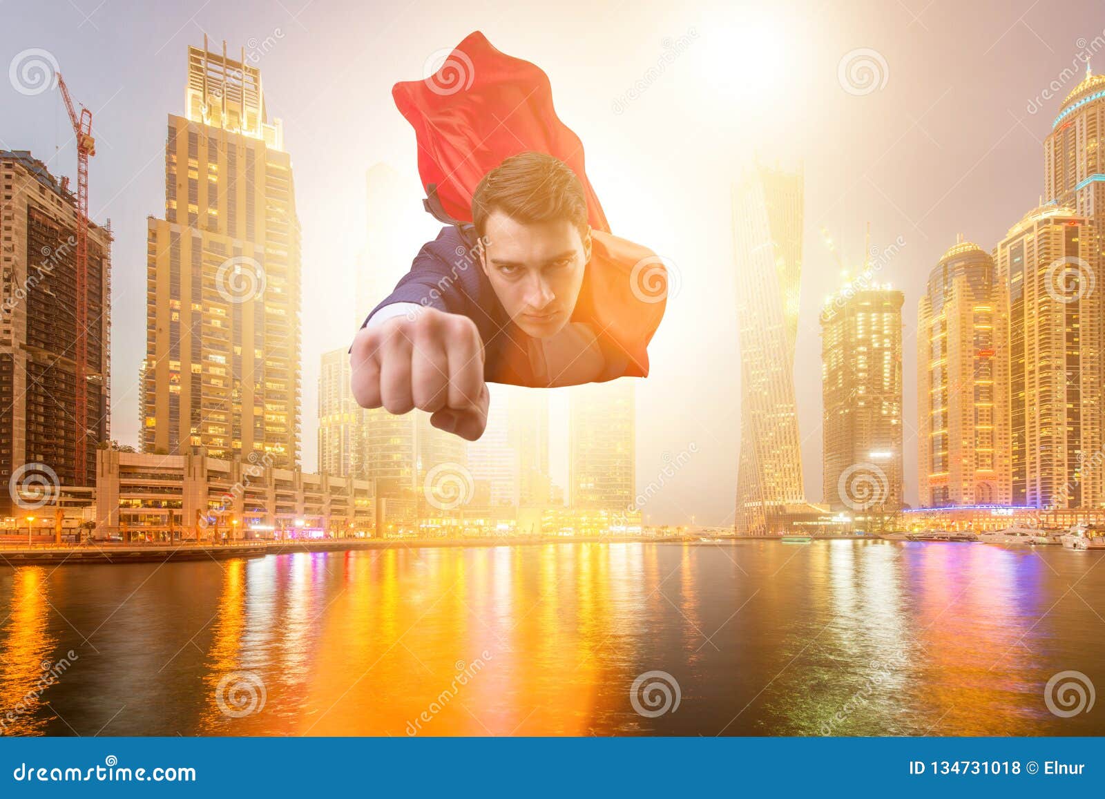 The Superhero Businessman Flying Over the City Stock Photo - Image of ...
