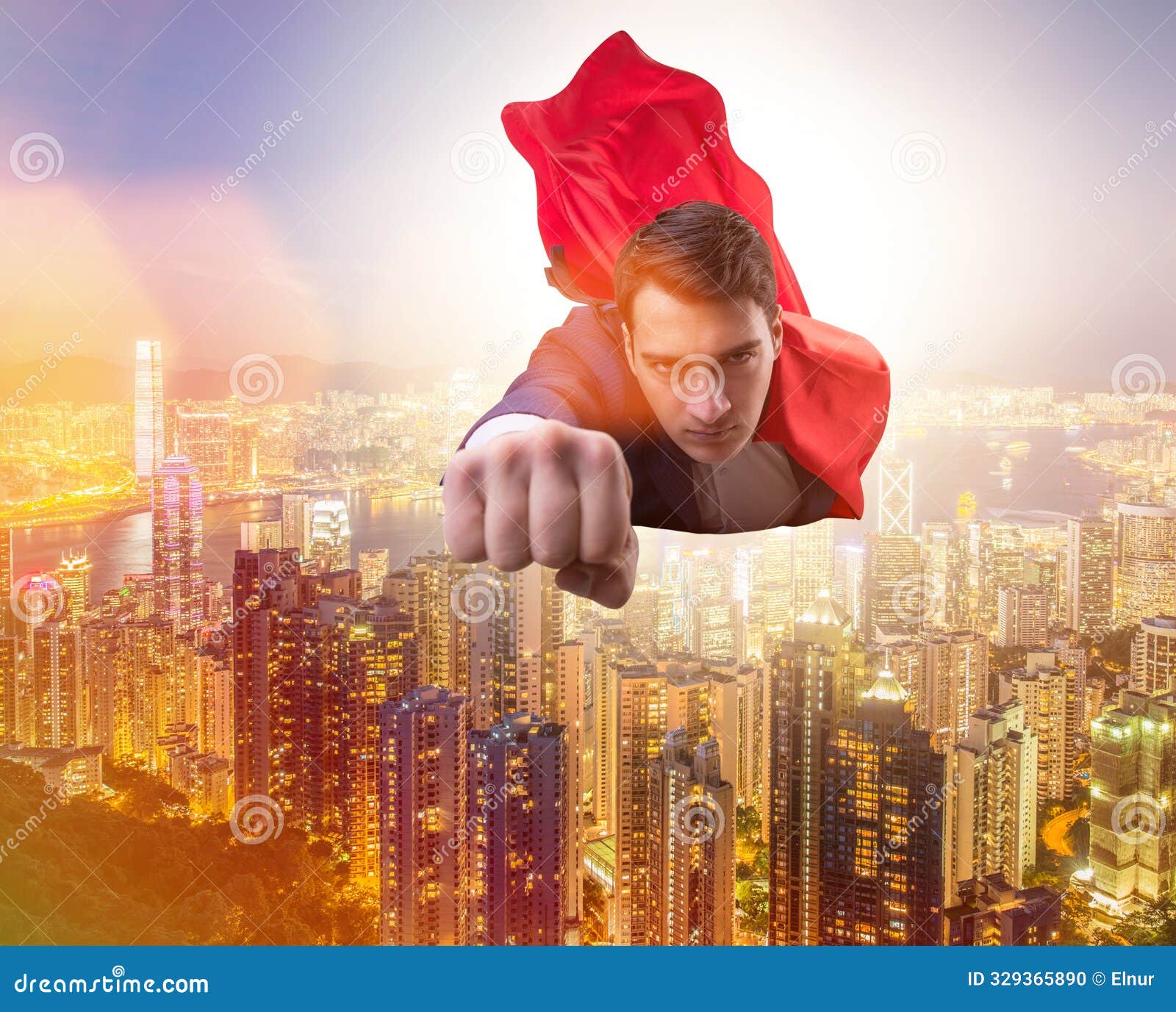Superhero Businessman Flying Over the City Stock Photo - Image of male ...