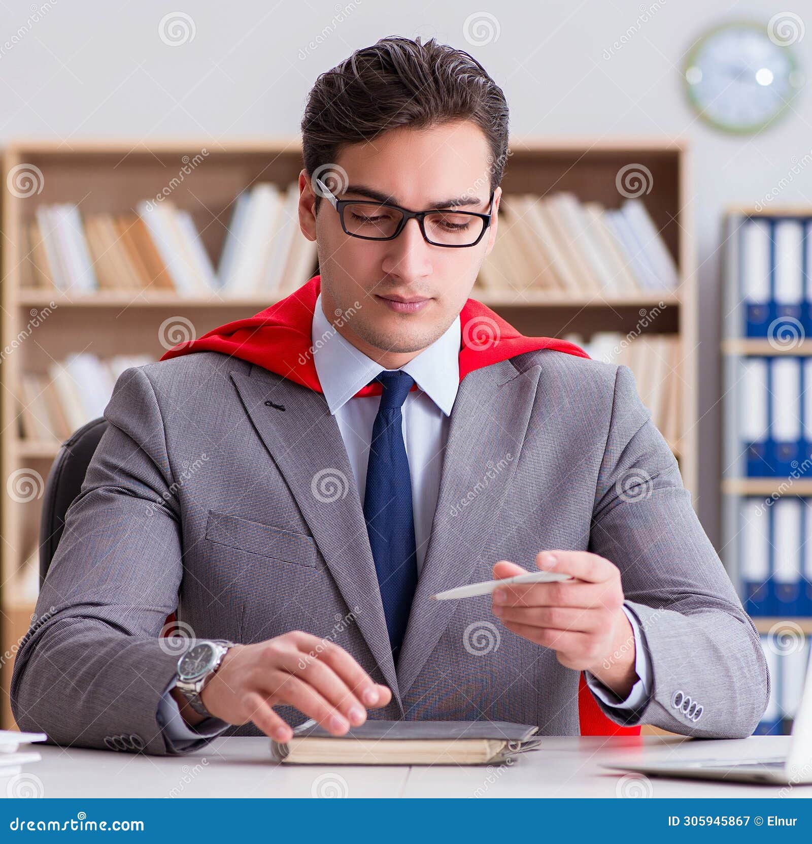 Superhero Businessman Working in the Office Stock Image - Image of home ...
