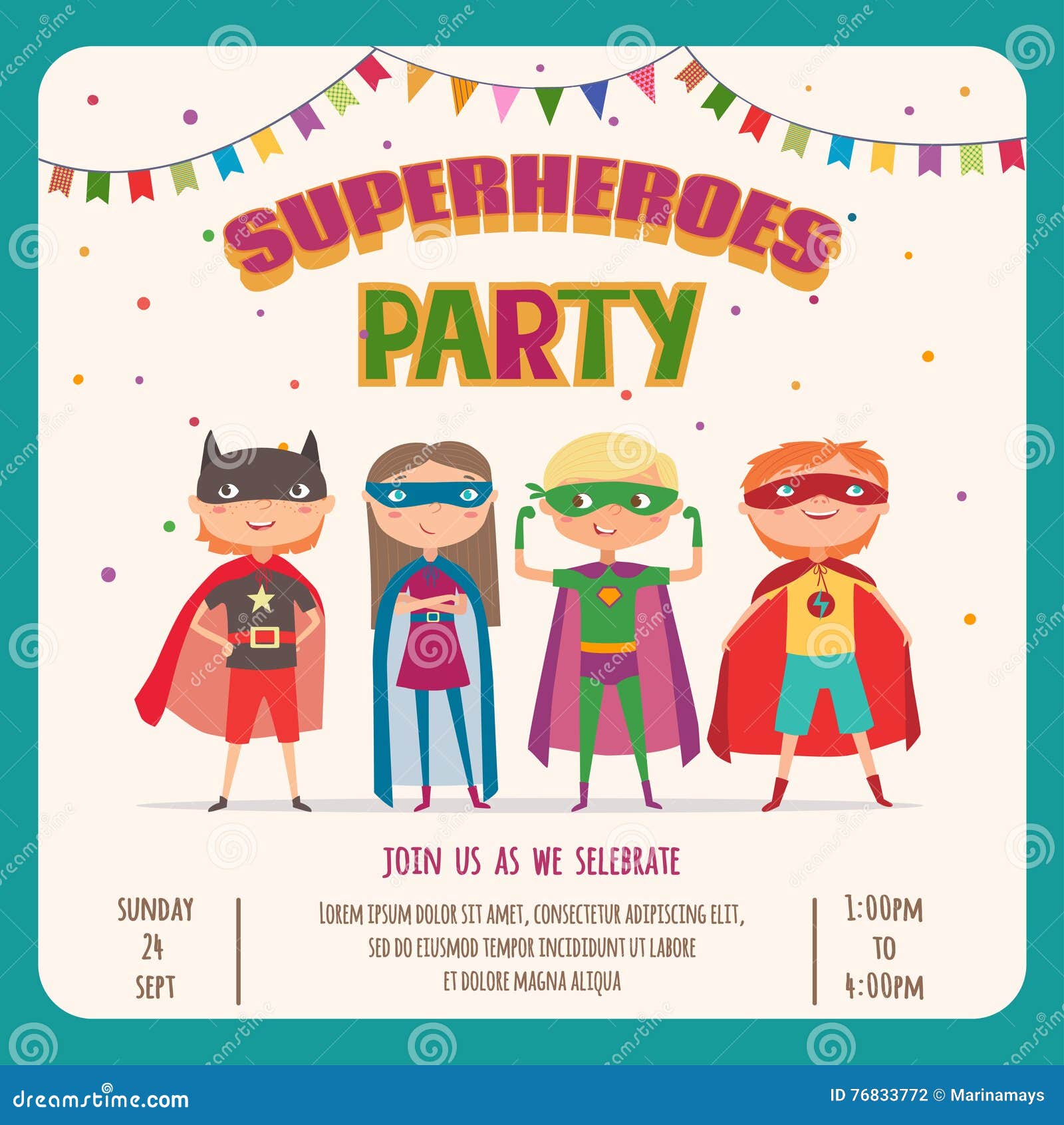 Superhero. Card Invitation with Group of Cute Kids Stock Vector ...