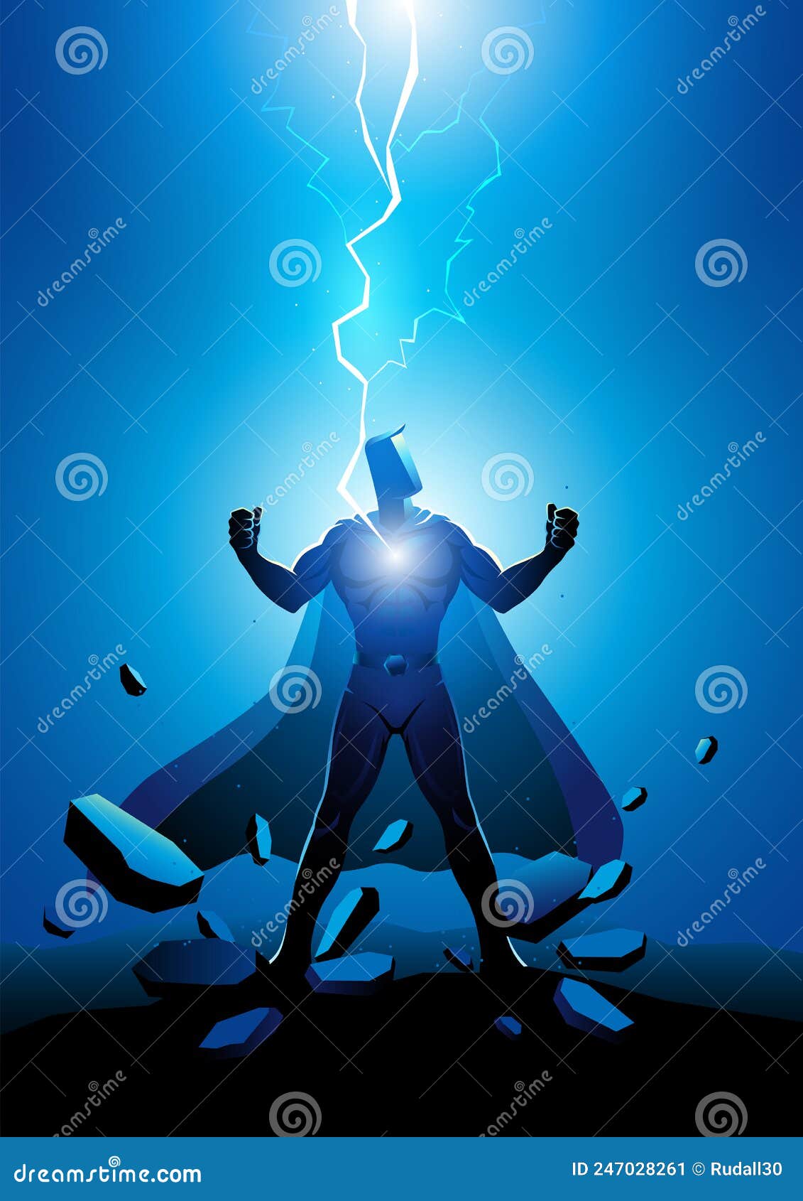 Superhero Electrically Charged By Thunder Strike Cartoon Vector ...