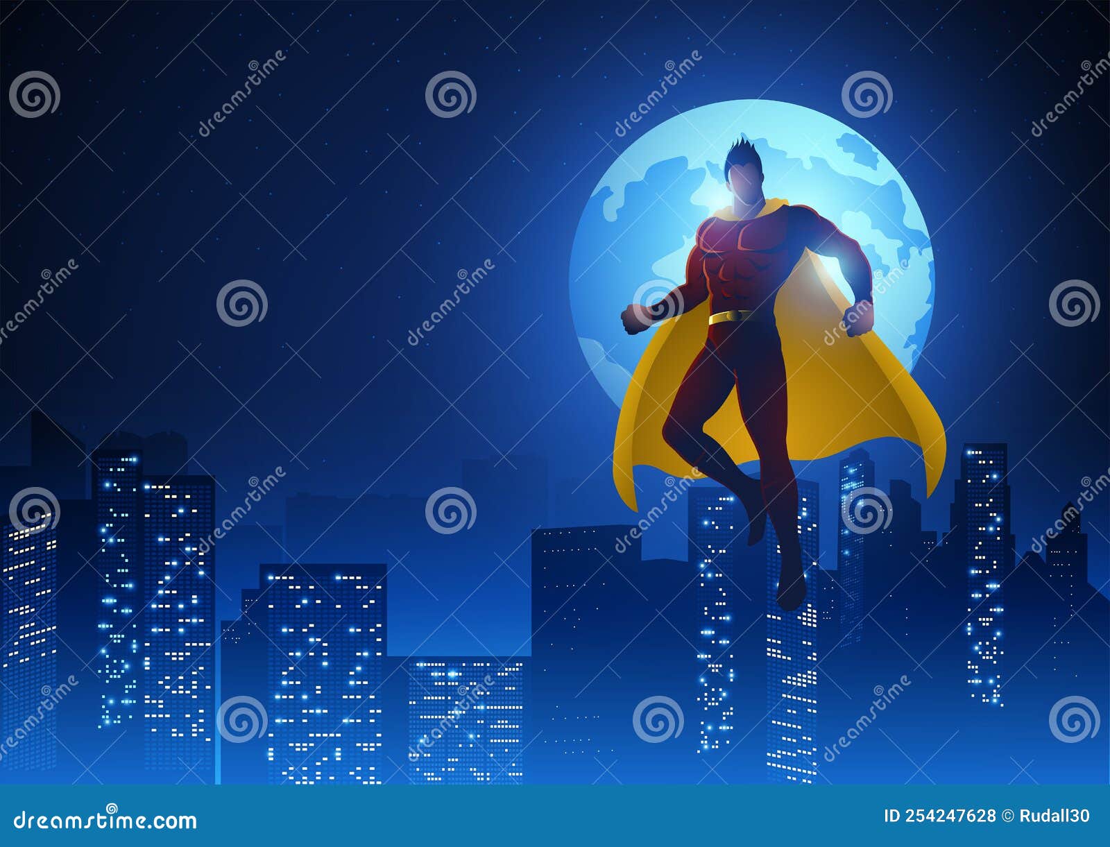 Superhero Flying On Beautiful Cityscape During Full Moon Vector ...