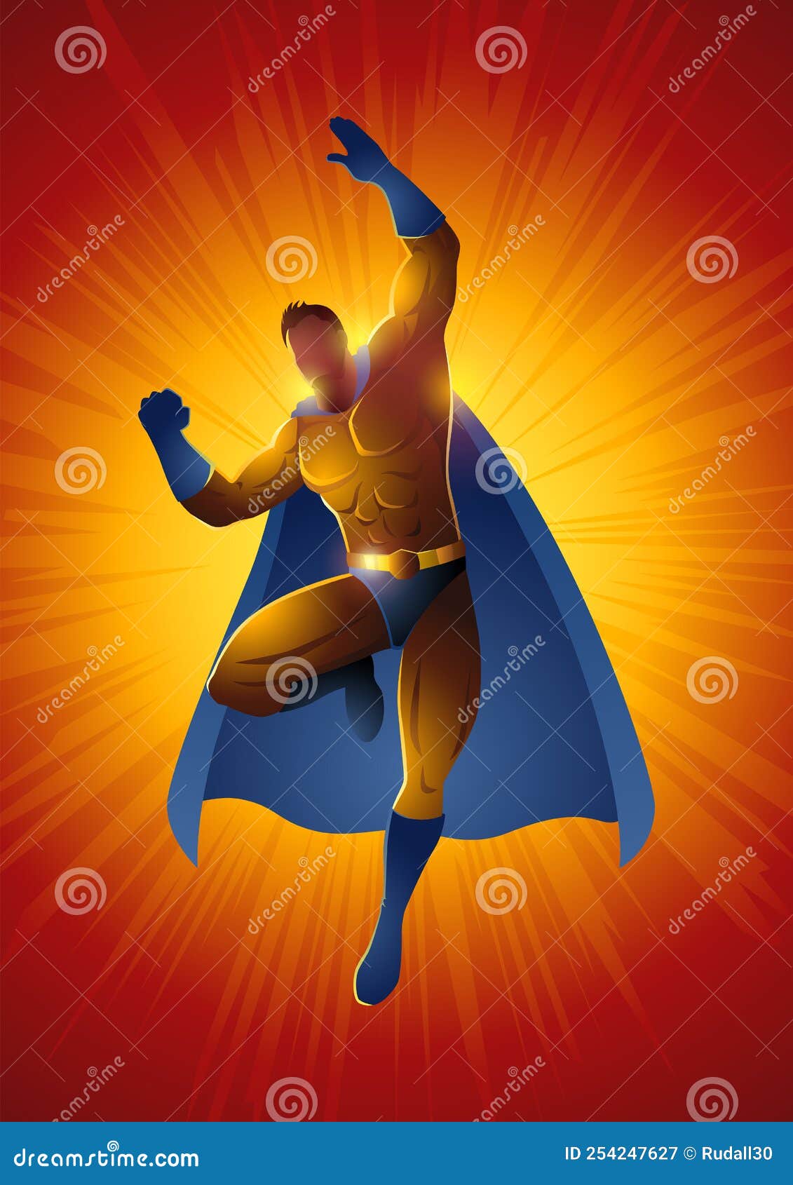 Superhero in Yellow Costume and Blue Cape is Flying Stock Vector ...