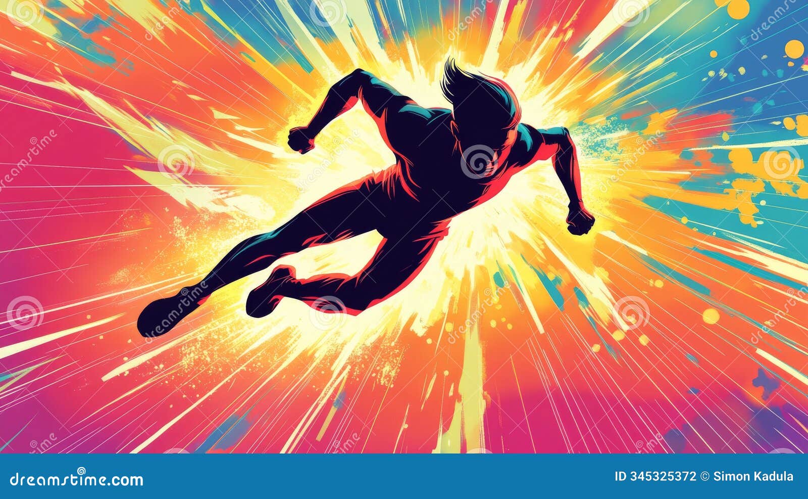 Superhero Flying through Colorful Exploding Universe Stock Photo ...