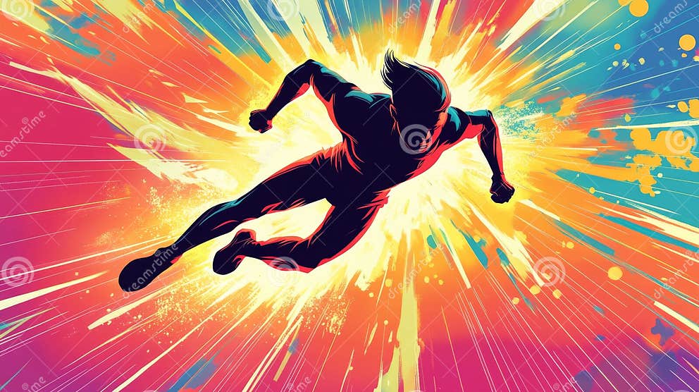 Superhero Flying through Colorful Exploding Universe Stock Photo ...