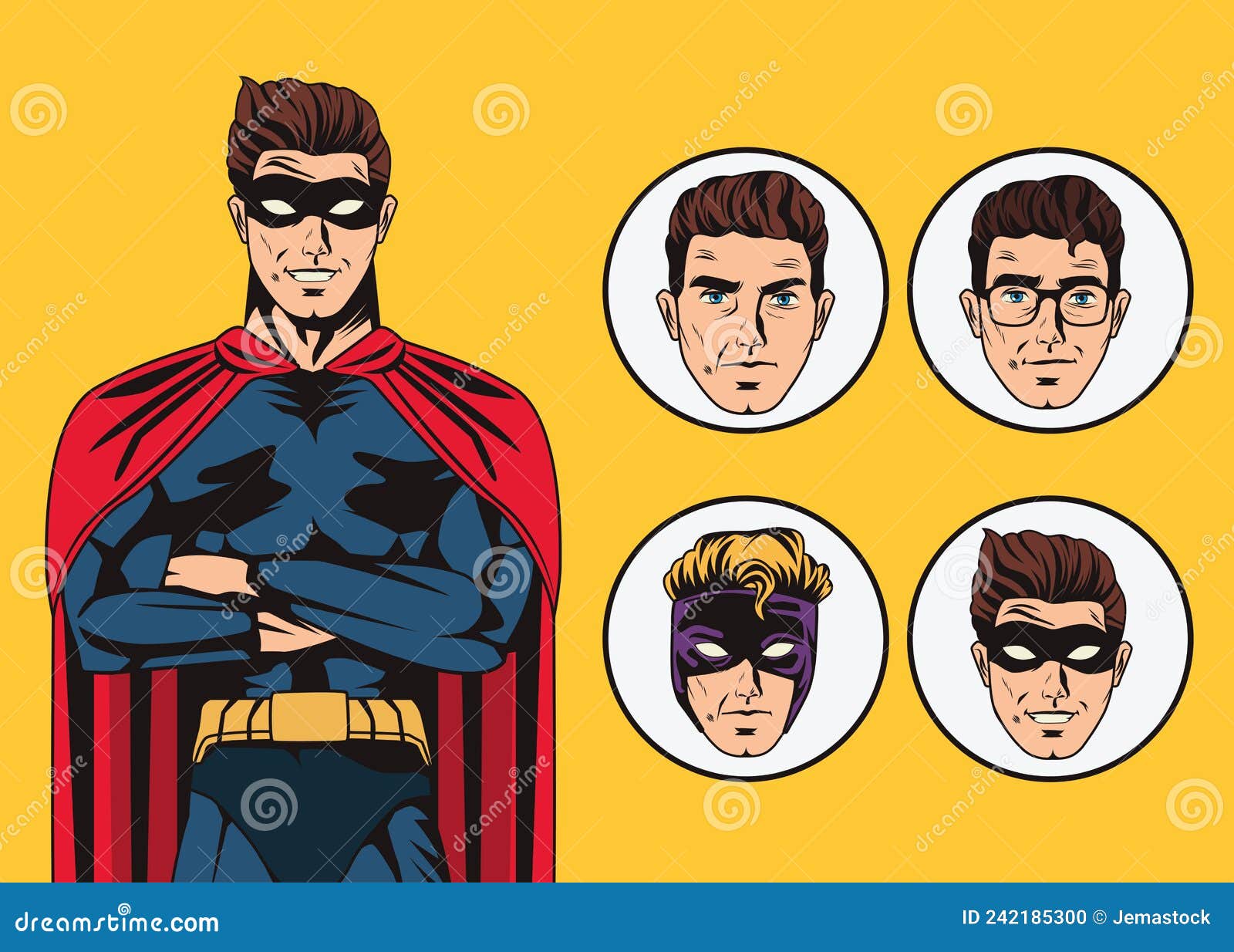 Superhero and Heads Pop Art Stock Vector - Illustration of faces, male ...