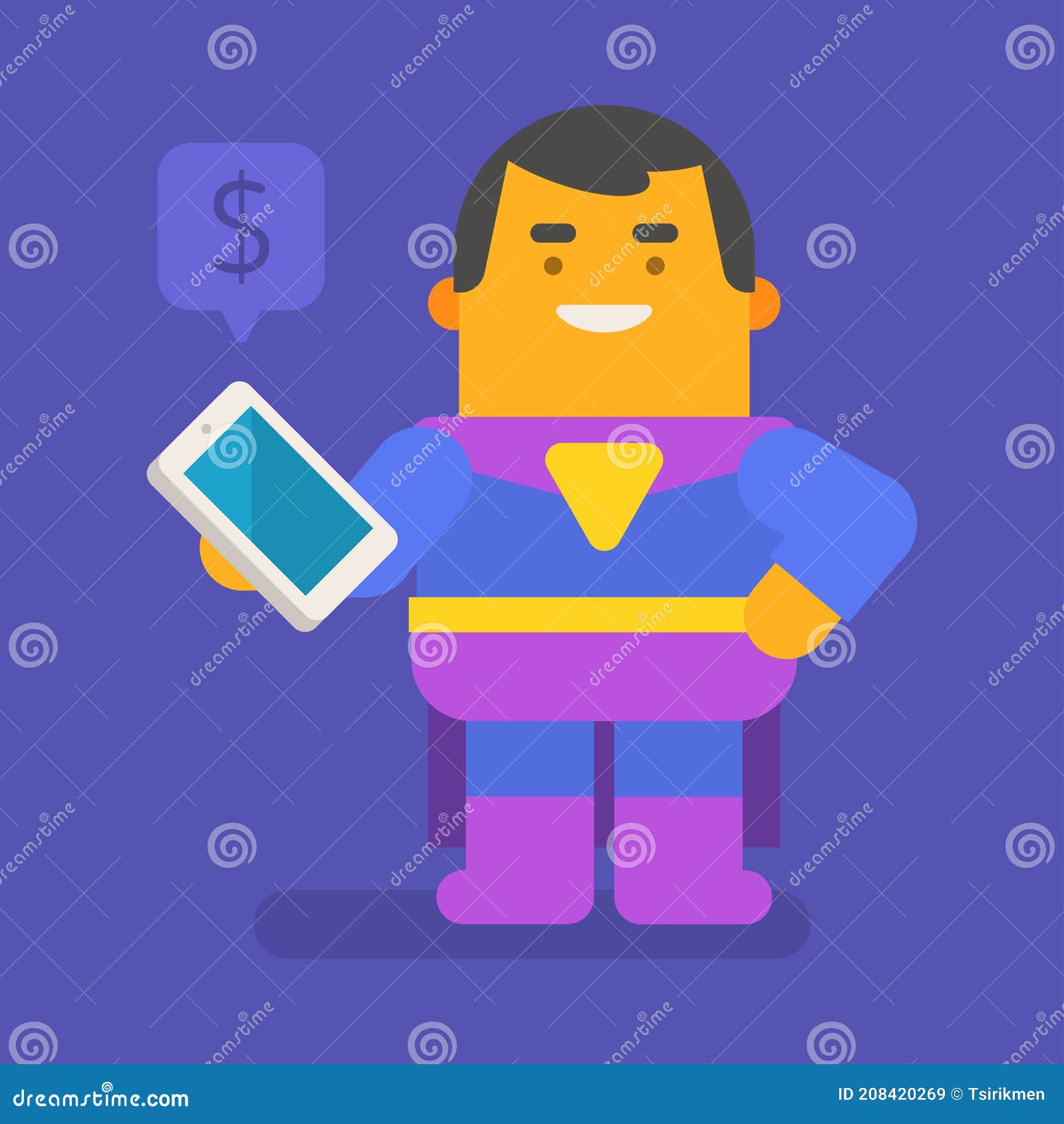 Superhero Holding Mobile Phone and Smiling. Vector Character Stock ...