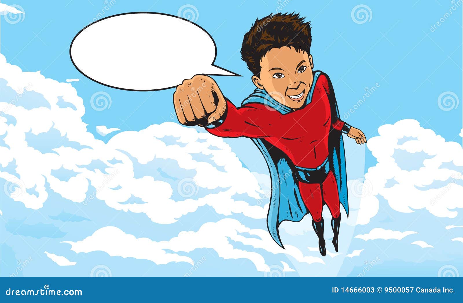 Superhero Kid Flying through Clouds Stock Illustration - Illustration ...