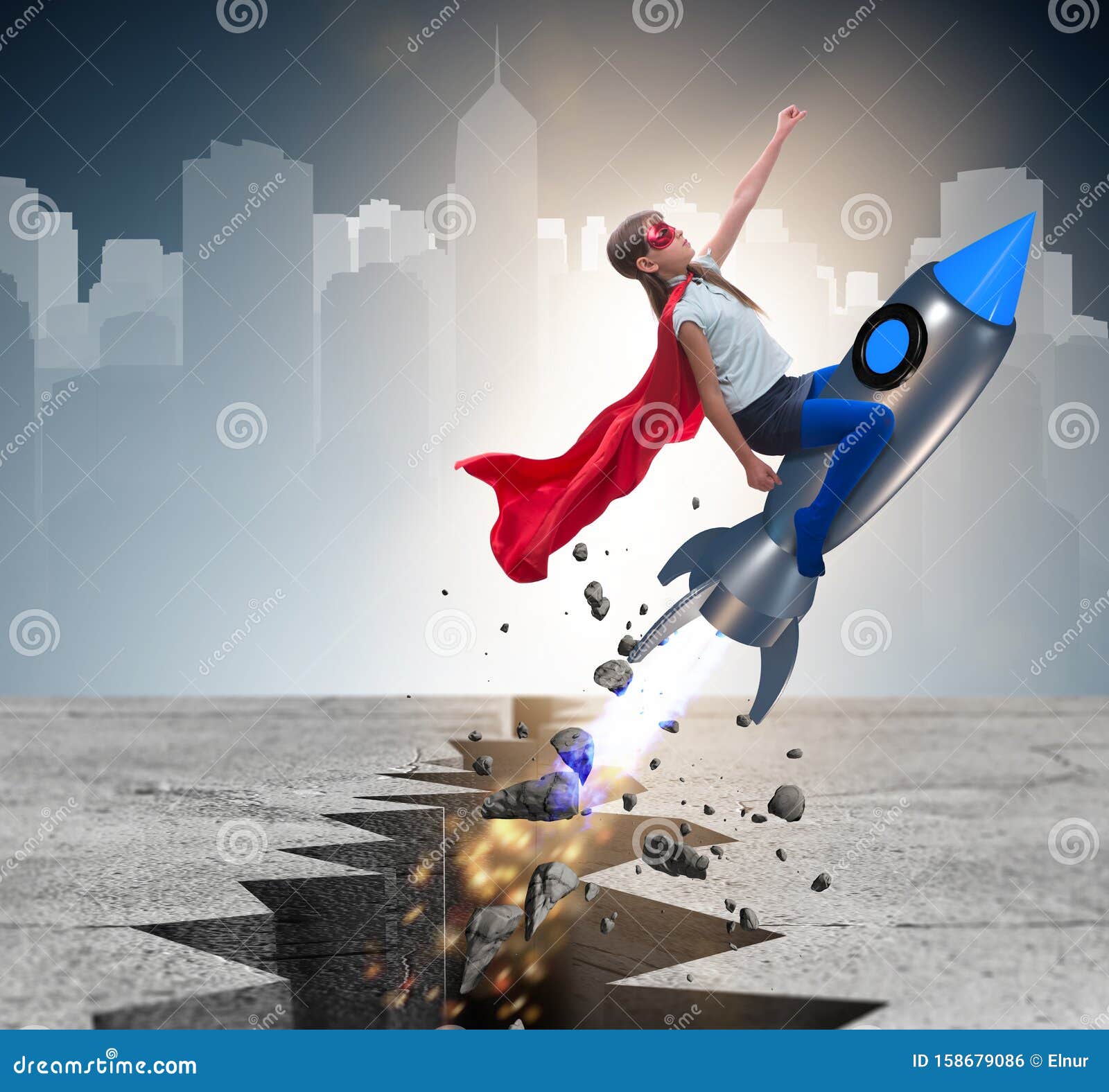 Superhero Kid Flying on Rocket Stock Photo - Image of future, freedom ...