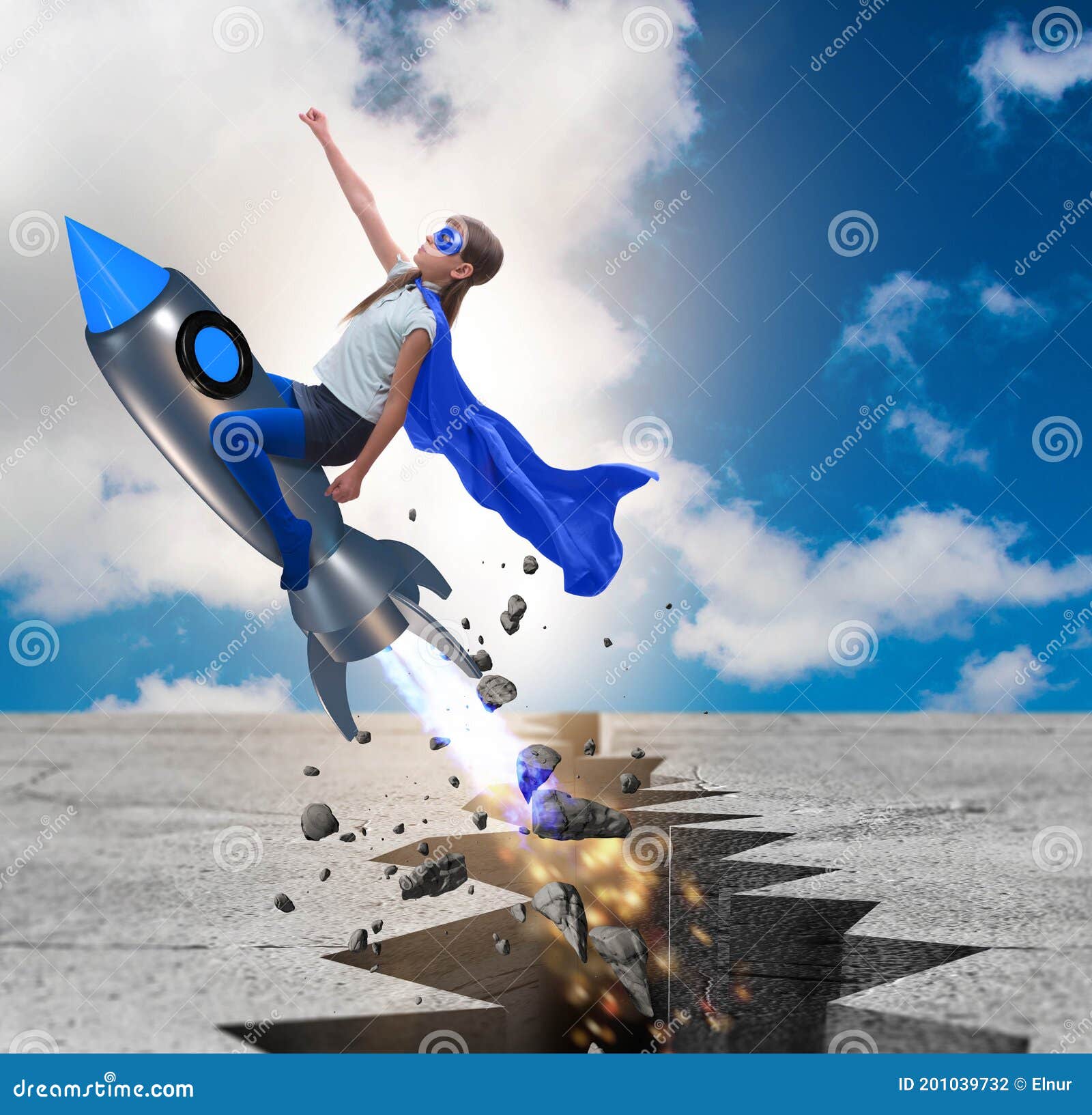 The Superhero Kid Flying on Rocket Stock Photo - Image of creativity ...