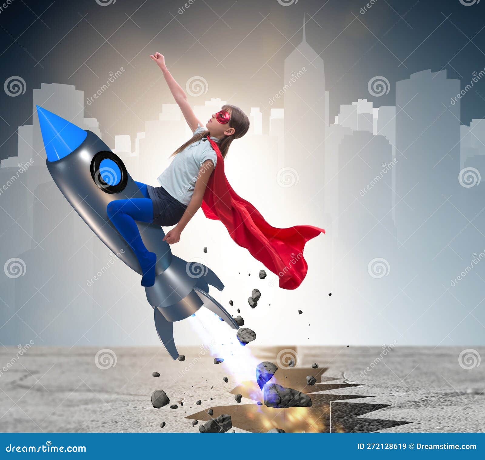 Superhero Kid Flying on Rocket Stock Image - Image of play, childhood ...