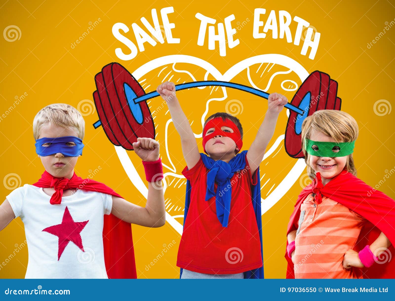 Superhero Kids with Blank Yellow Background and Save the Earth Graphics ...