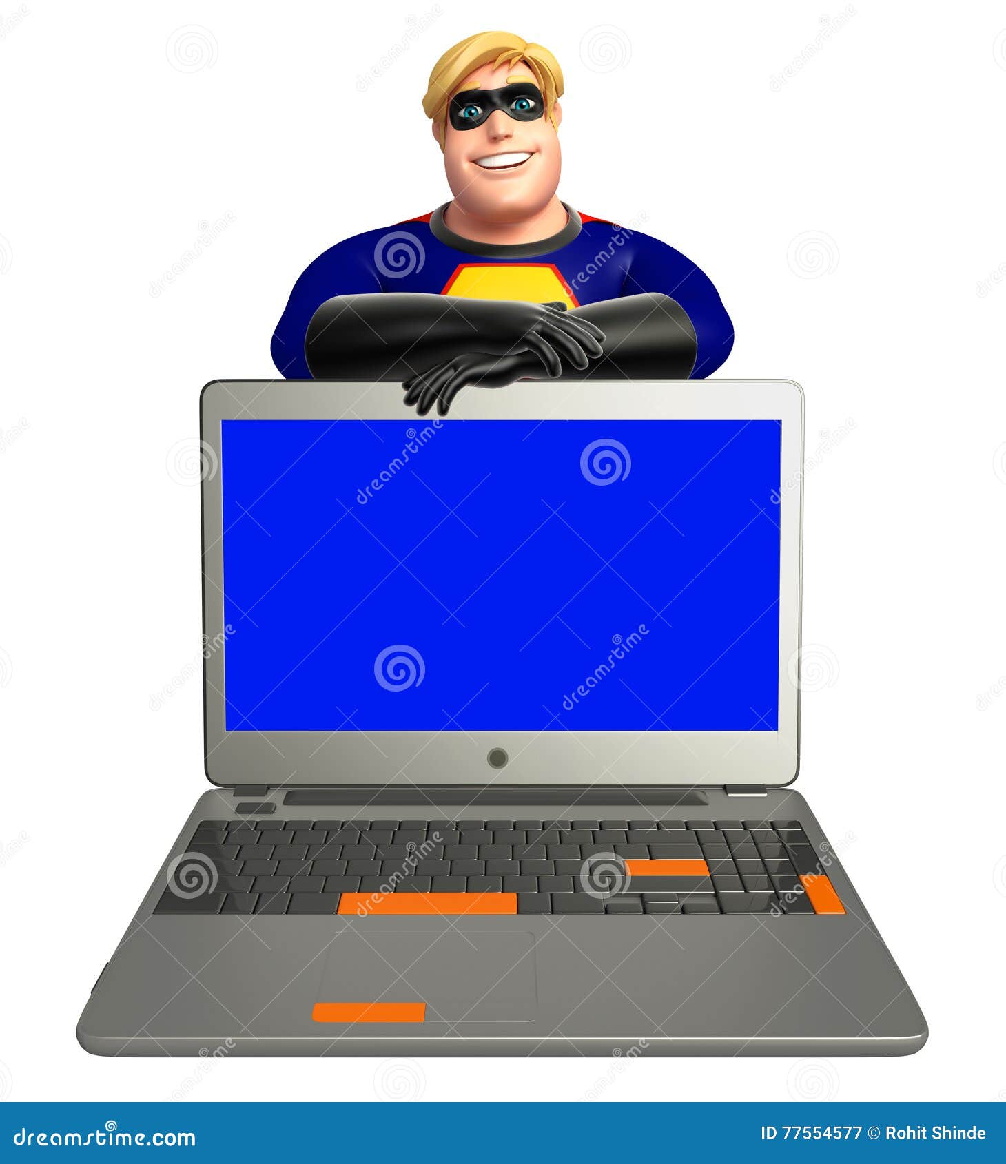 Superhero with Laptop stock illustration. Illustration of body - 77554577