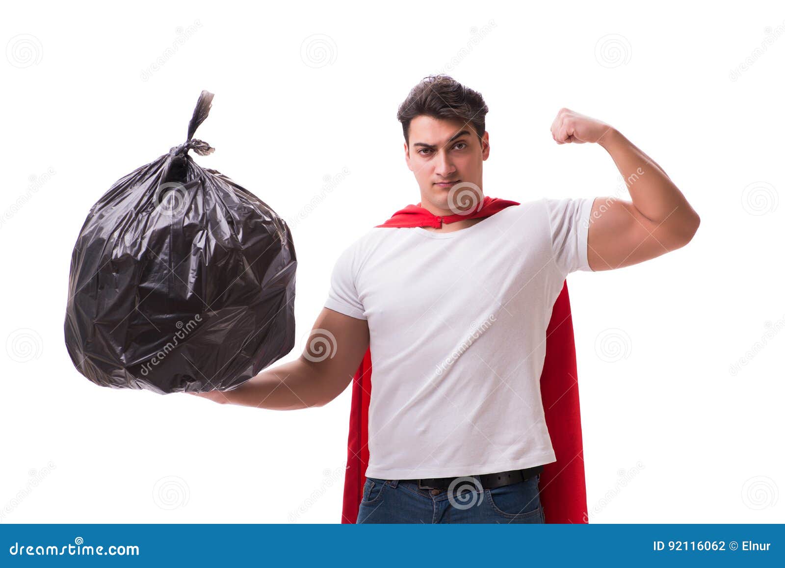 The Superhero Man with Garbage Sack Isolated on White Stock Photo ...