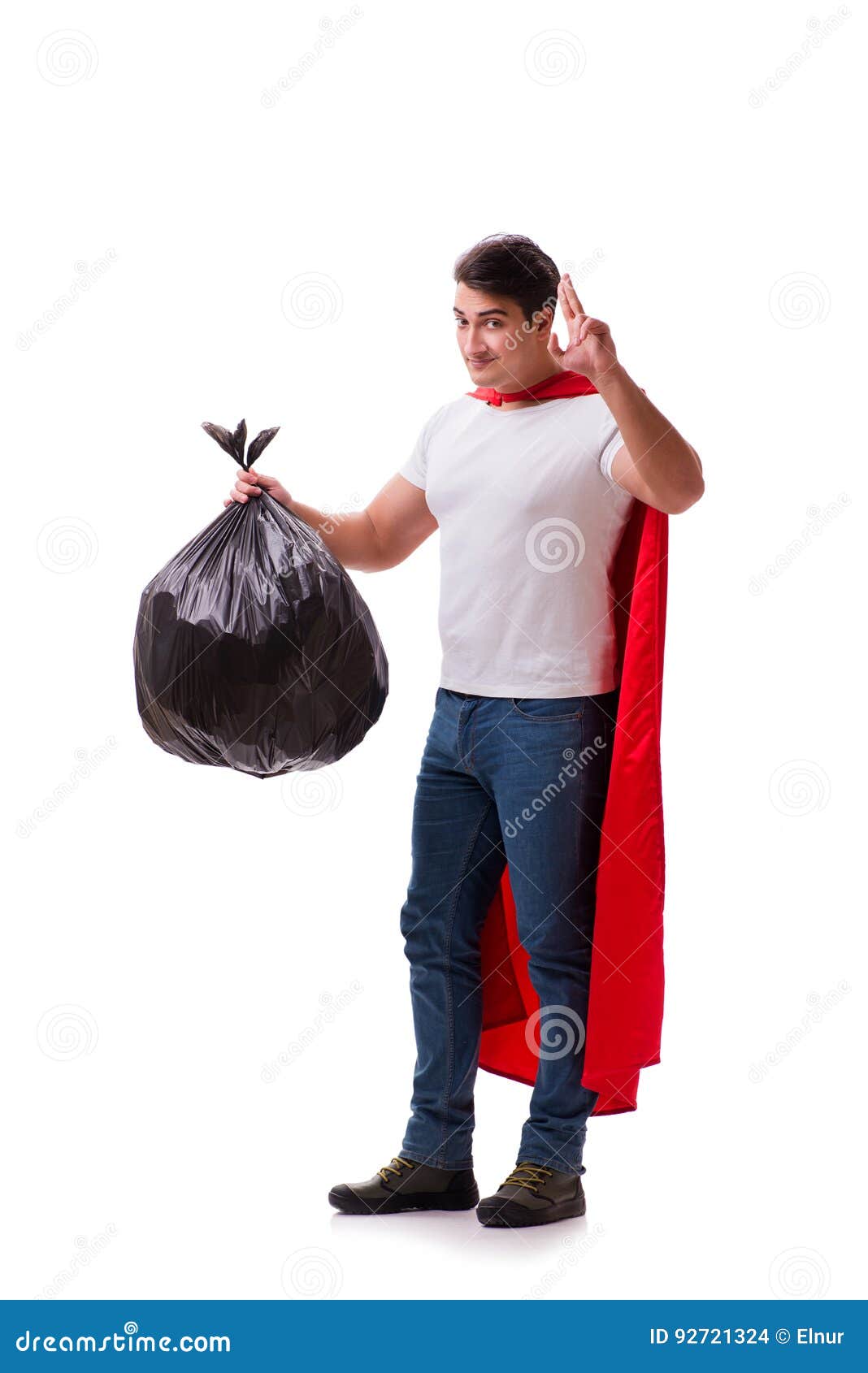 The Superhero Man with Garbage Sack Isolated on White Stock Photo ...
