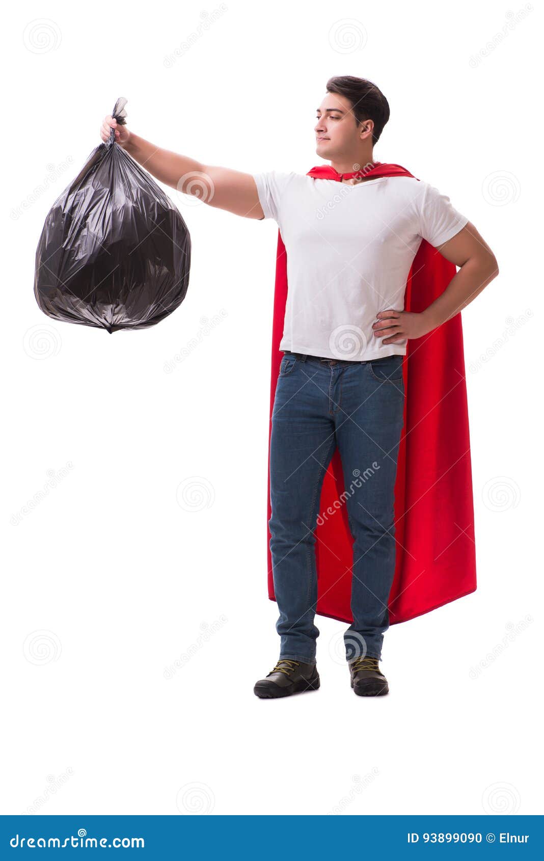 The Superhero Man with Garbage Sack Isolated on White Stock Photo ...