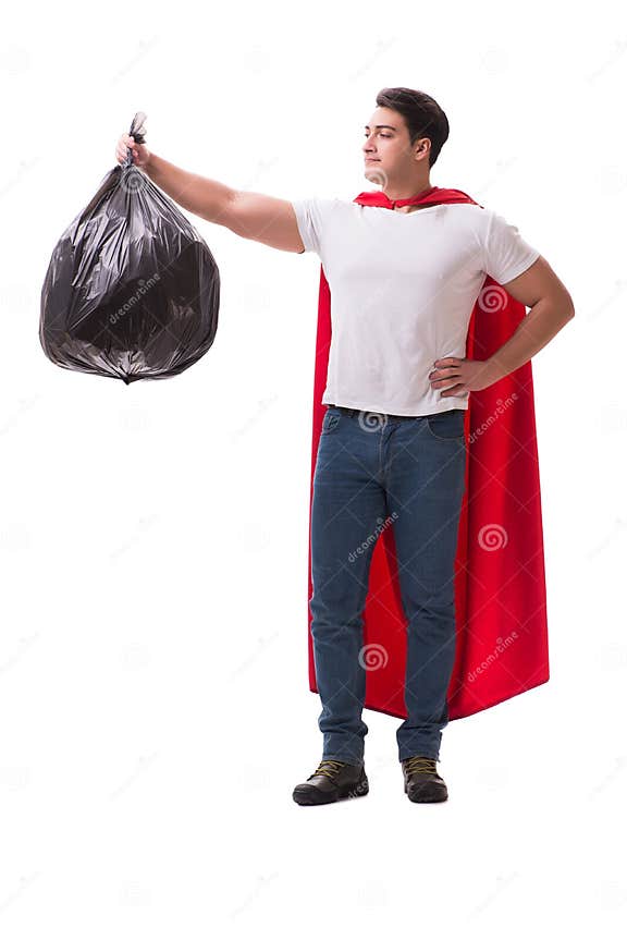 The Superhero Man with Garbage Sack Isolated on White Stock Photo ...